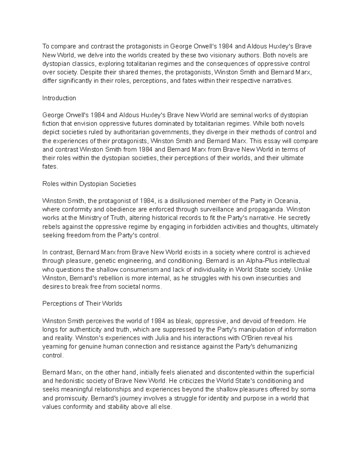 Comparative Essay George Orwell's 1984 vs. Aldous Huxley's Brave New ...