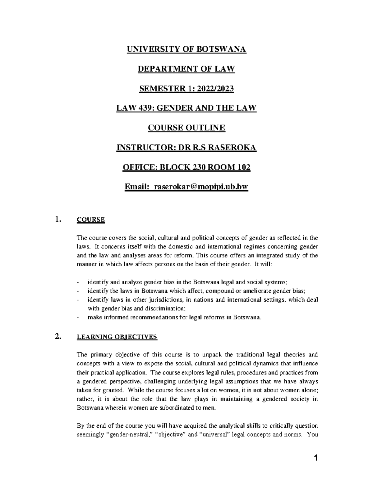 LAW439 course outline copy - UNIVERSITY OF BOTSWANA DEPARTMENT OF LAW ...