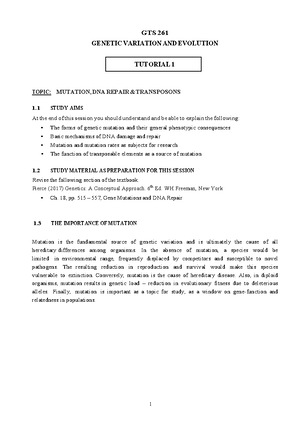 Tutorial 3 Assignment - GTS 261 GENETIC VARIATION AND EVOLUTION ...