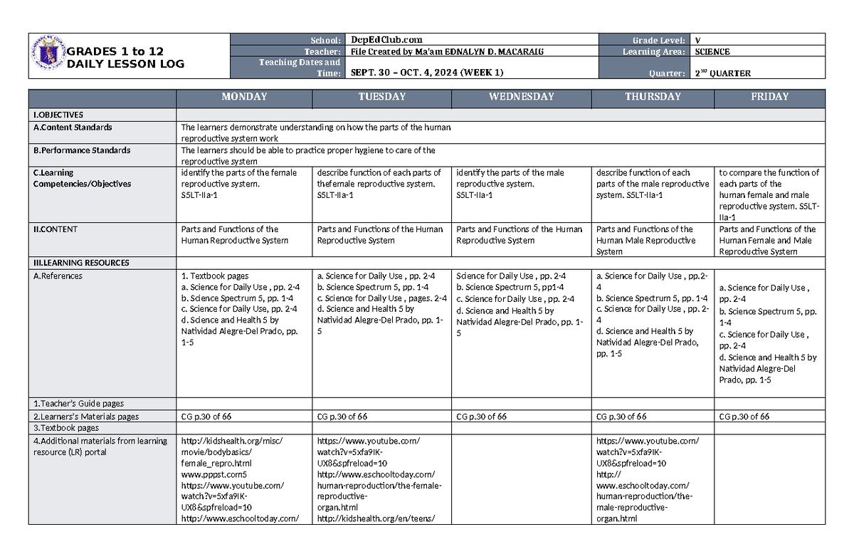 DLL Science 5 Q2 W1 - DLL - GRADES 1 to 12 DAILY LESSON LOG School: DepEdClub Grade Level: V ...
