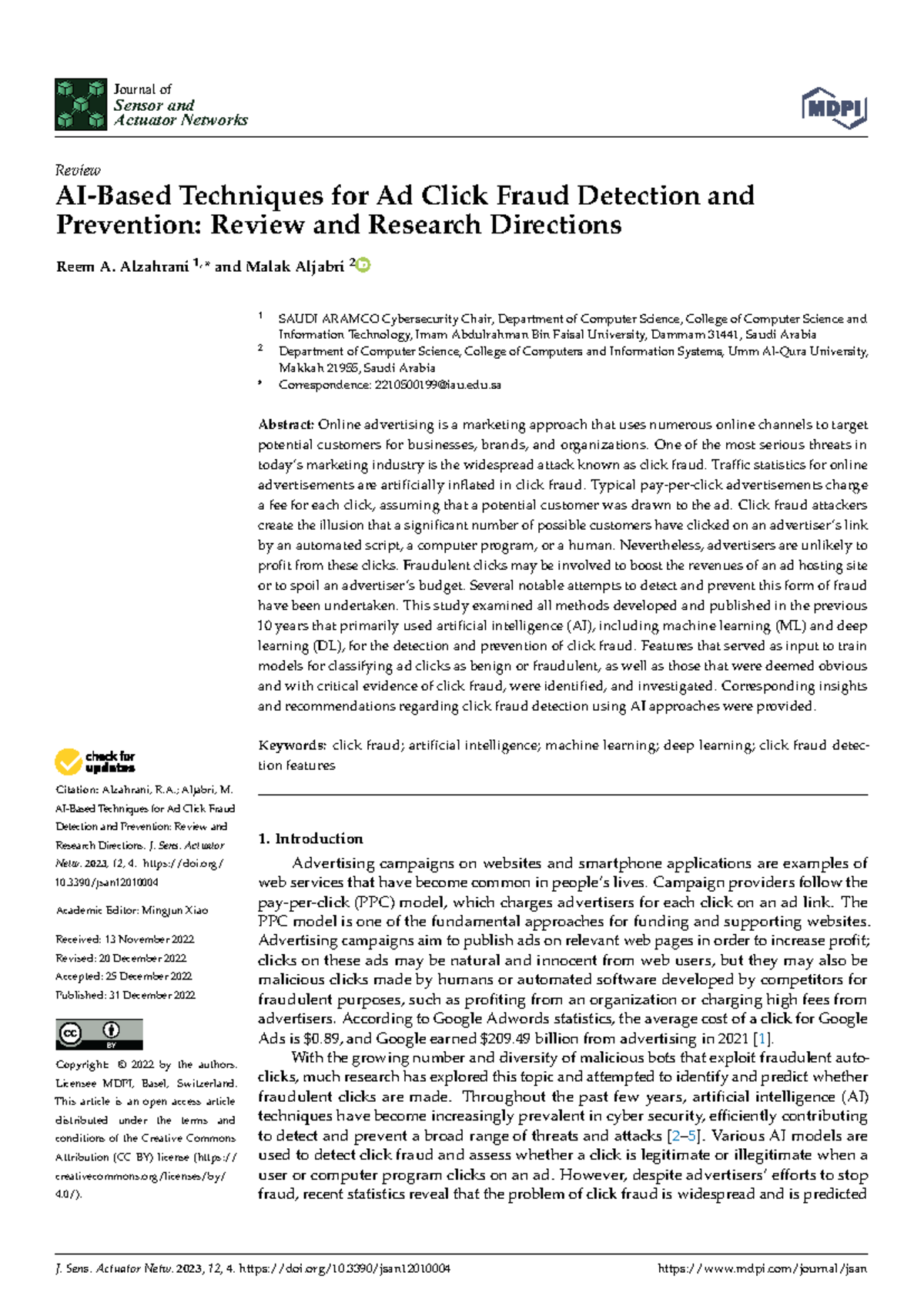 AIBased Techniques for Ad Click Fraud Detection and Prevention Review and Research Directions ...