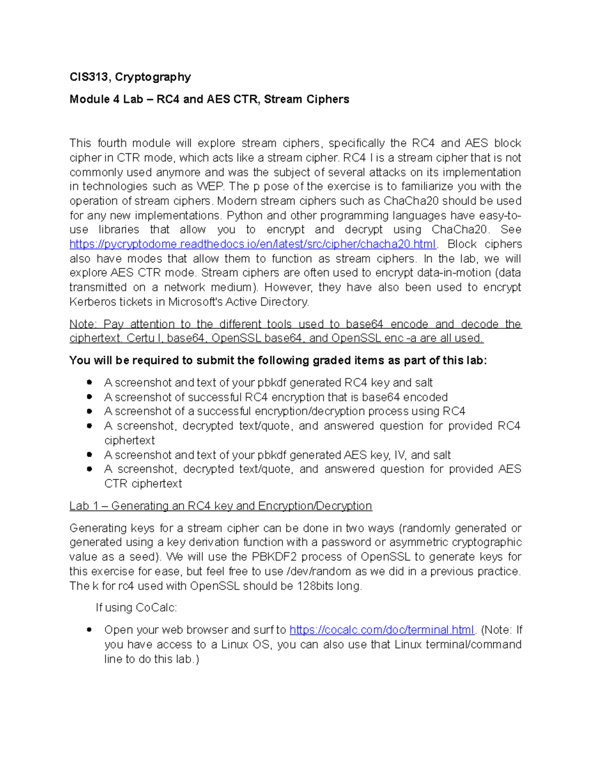 313module 4lab Rc4 And Aes Ctr Stream Ciphers Cis313 Cryptography