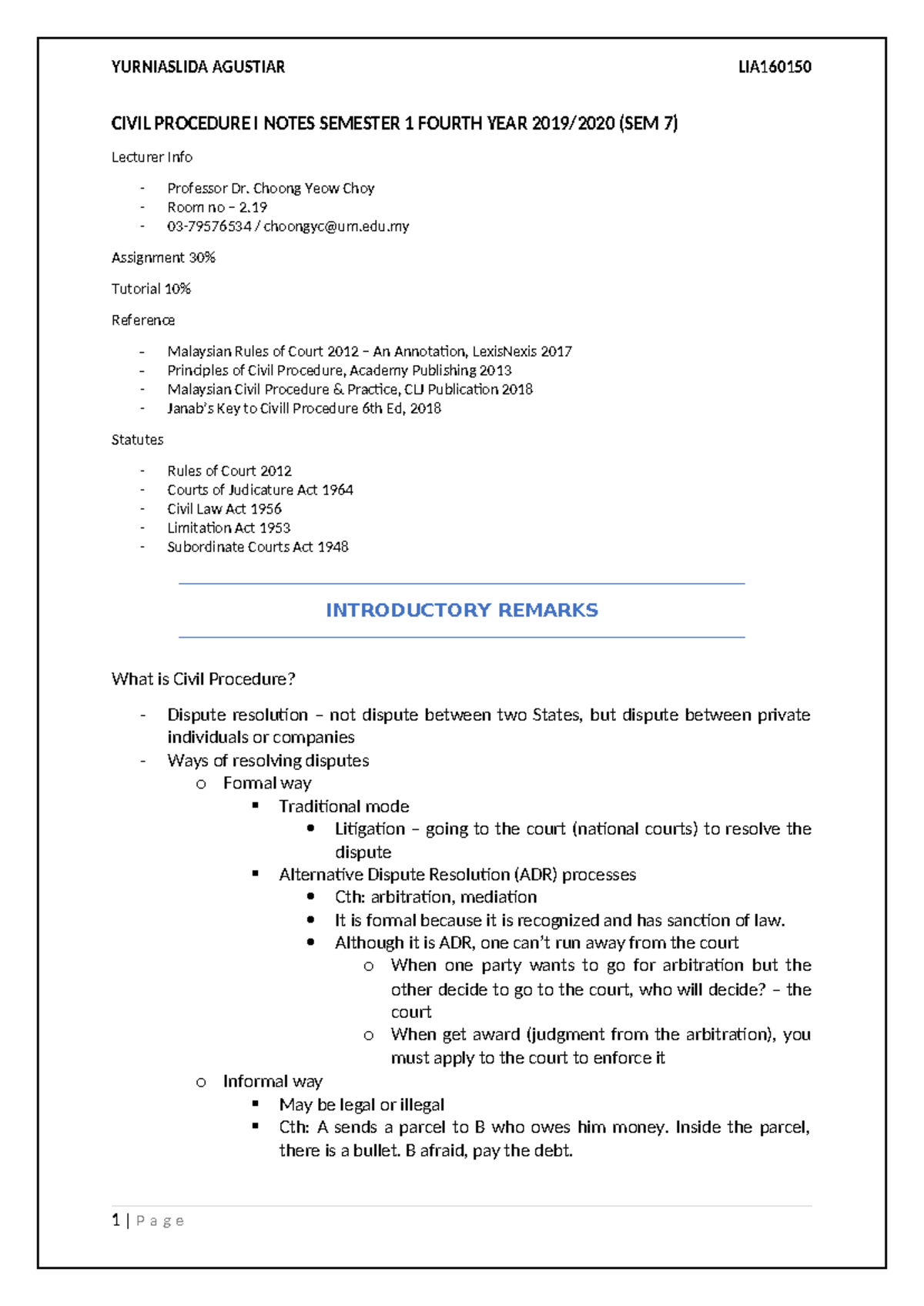 Comprehensive Notes on the Civil Procedures for Law Student - CIVIL ...