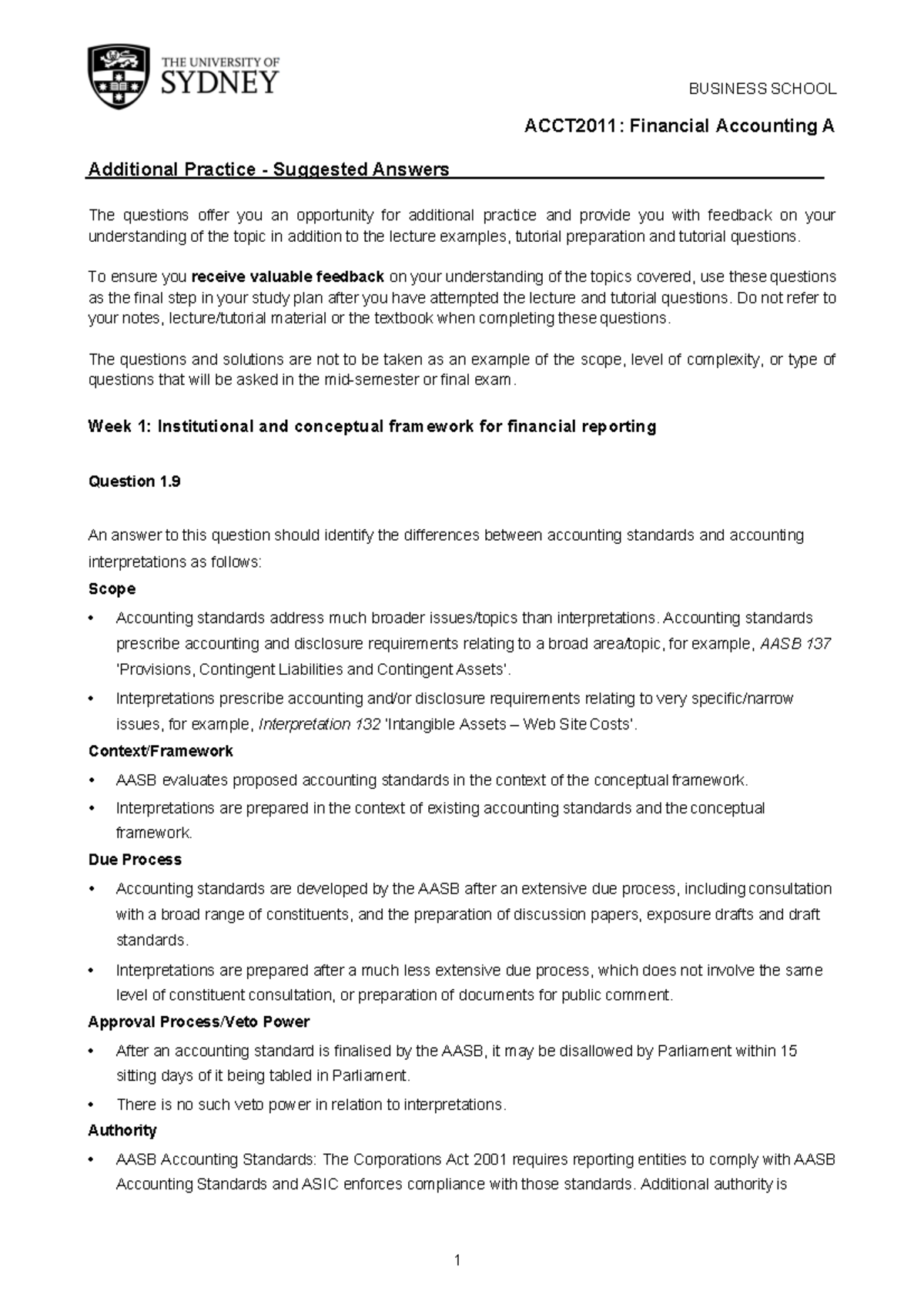 Week 1-5 Additional Practice - Suggested Answers - BUSINESS SCHOOL ...