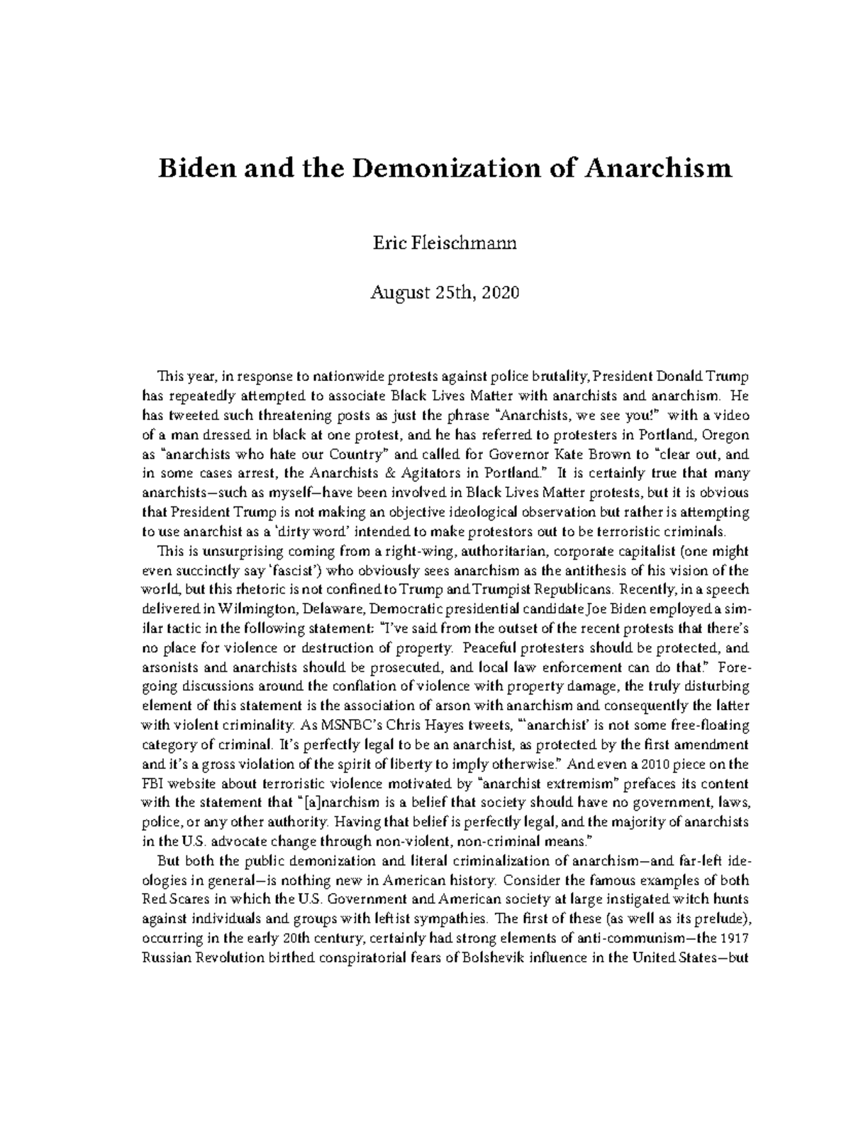 Eric fleischmann biden and the demonization of anarchism - Biden and ...