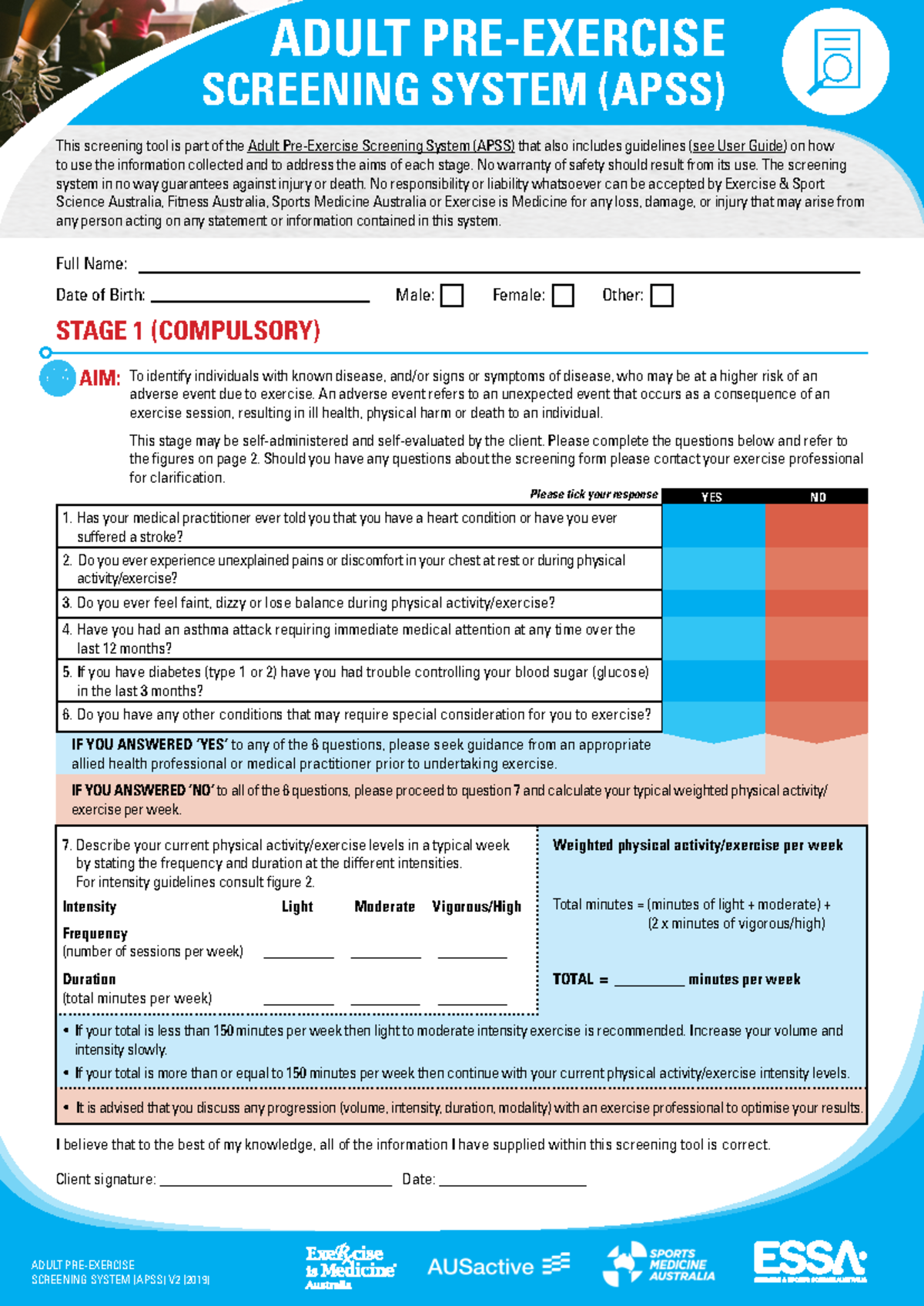 Adult Pre Screening Tool 2021 - ADULT PRE-EXERCISE Describe your ...