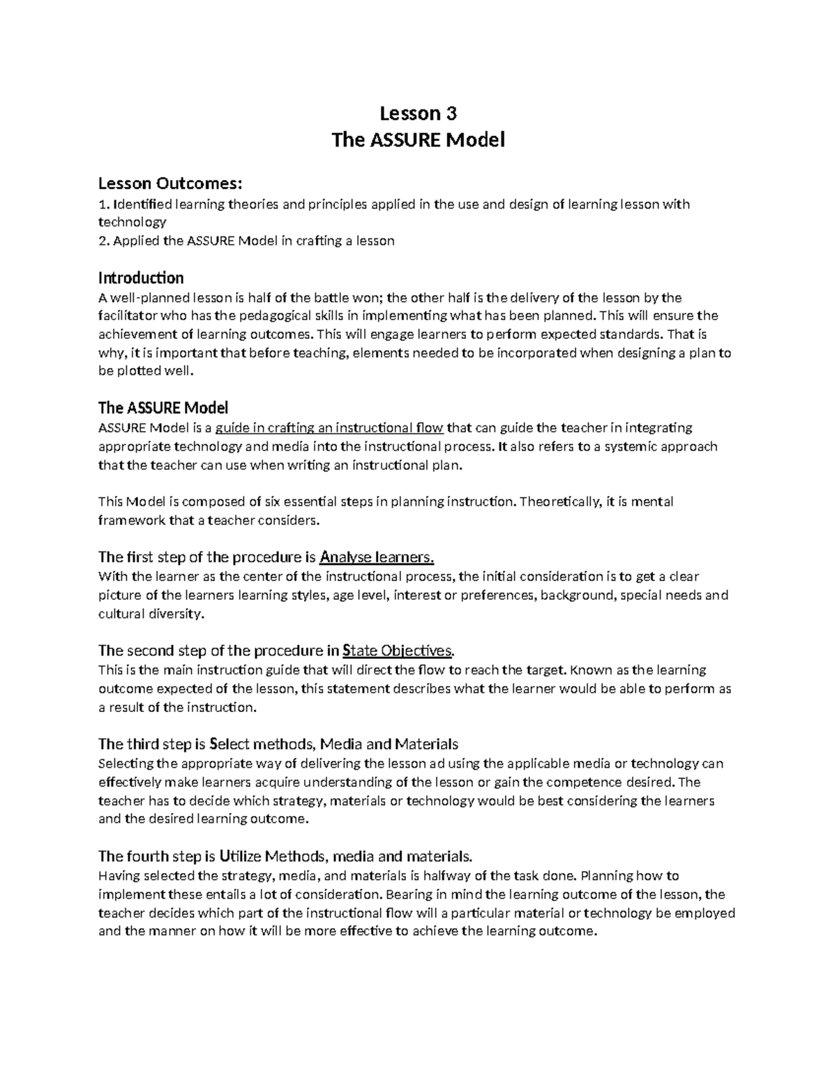 Ped 105-L3- Assure-1 - Lesson 3 The ASSURE Model Lesson Outcomes: 1 ...