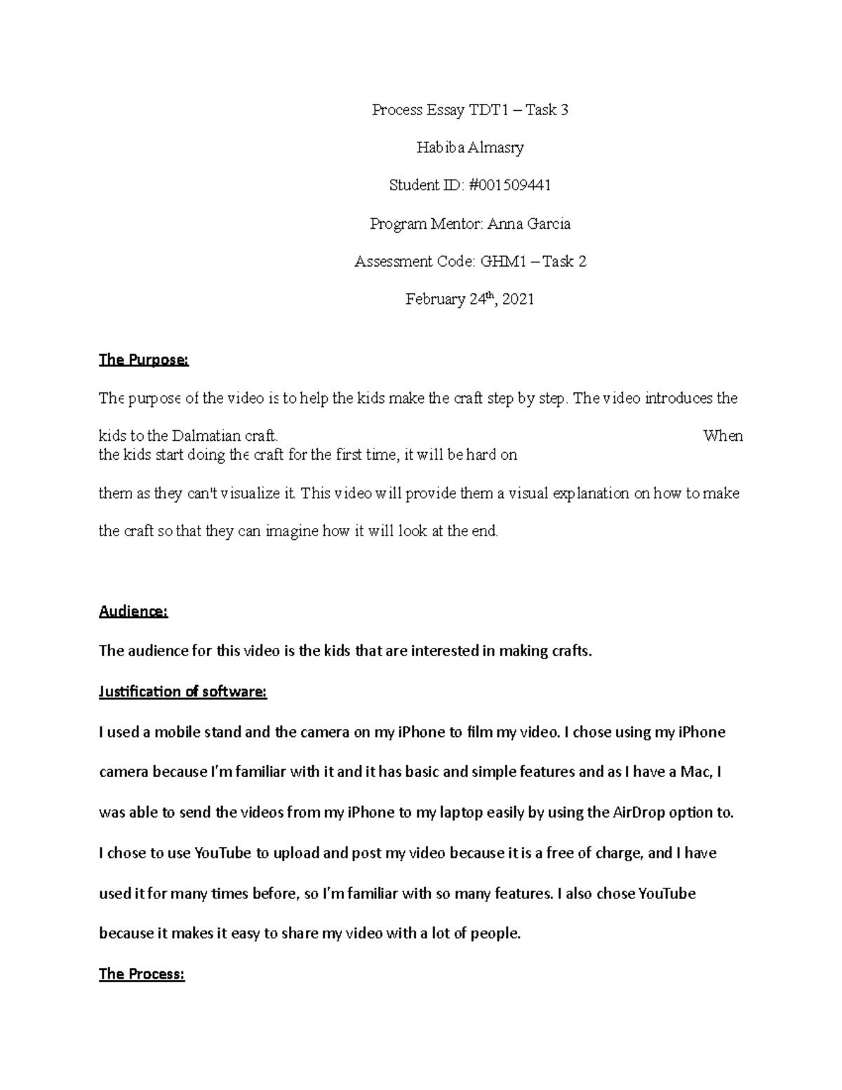 Process Essay TDT1 - Task 3 - R - Process Essay TDT1 – Task 3 Habiba ...