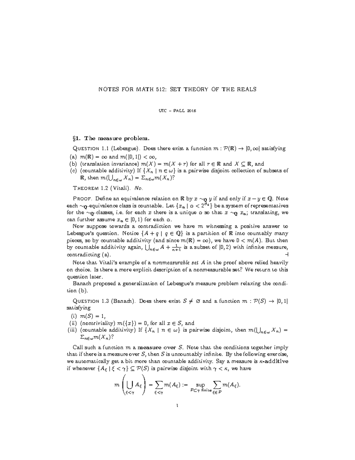 Setsreals - NOTES FOR MATH 512: SET THEORY OF THE REALS UIC – FALL 2016 ...