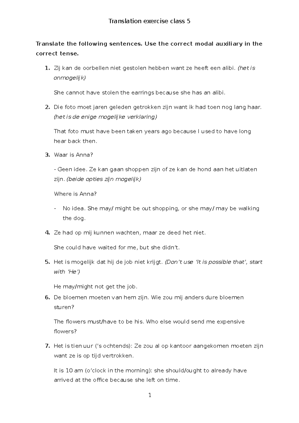 Translation exercises class 5 - Use the correct modal auxiliary in the ...