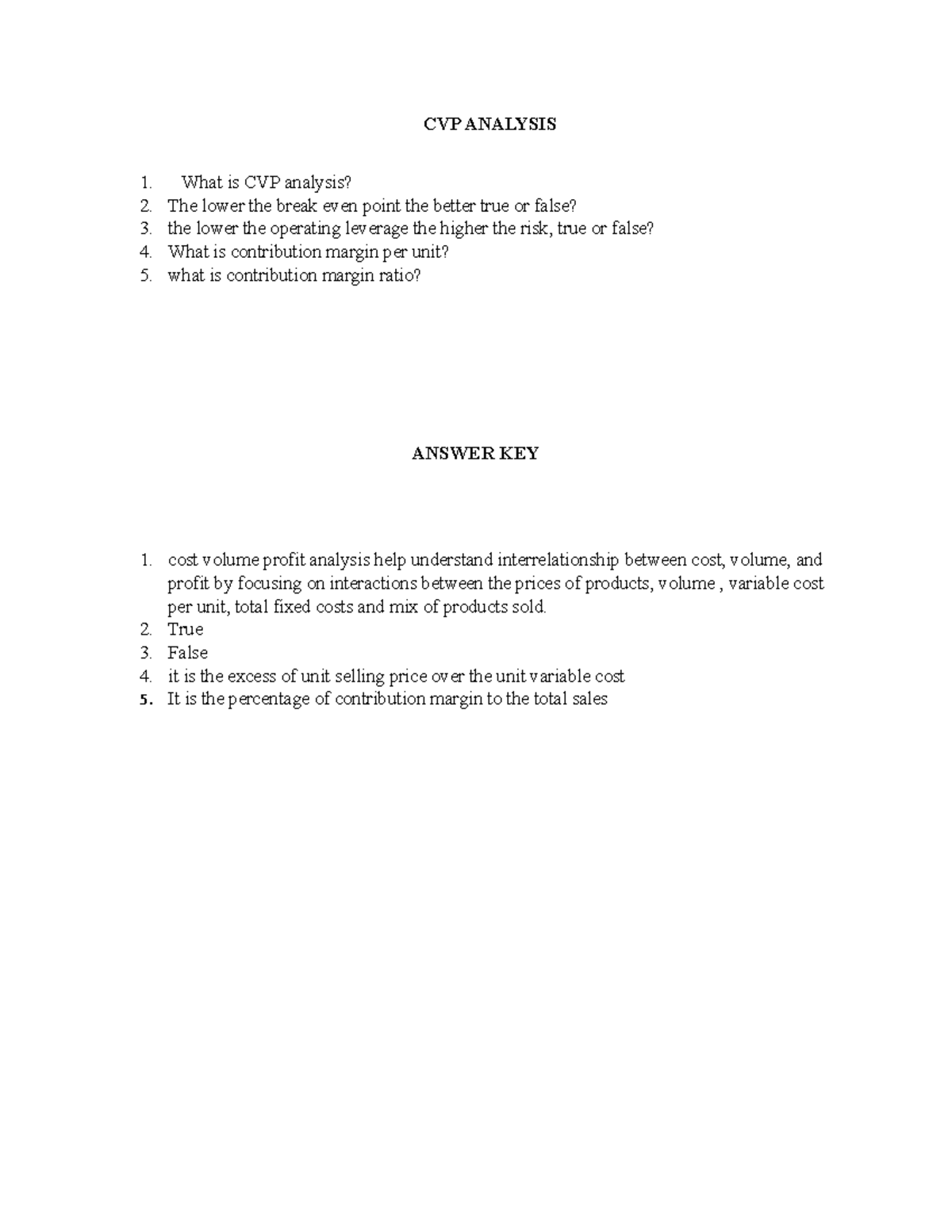 Sample/practice exam 16 February, questions and answers - CVP ANALYSIS ...