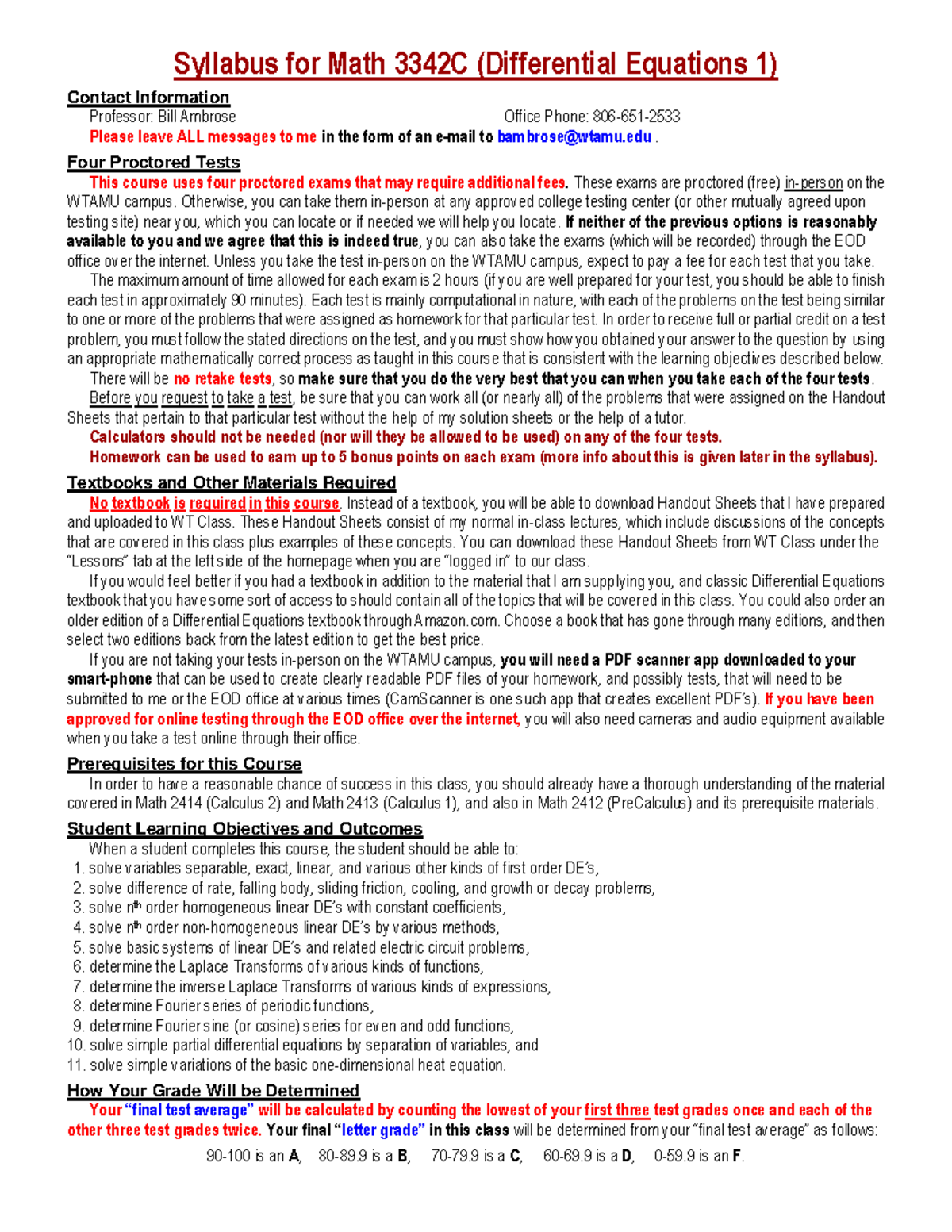 Differentialequations - Syllabus for Math 3342C (Differential Equations 1) Contact Information ...