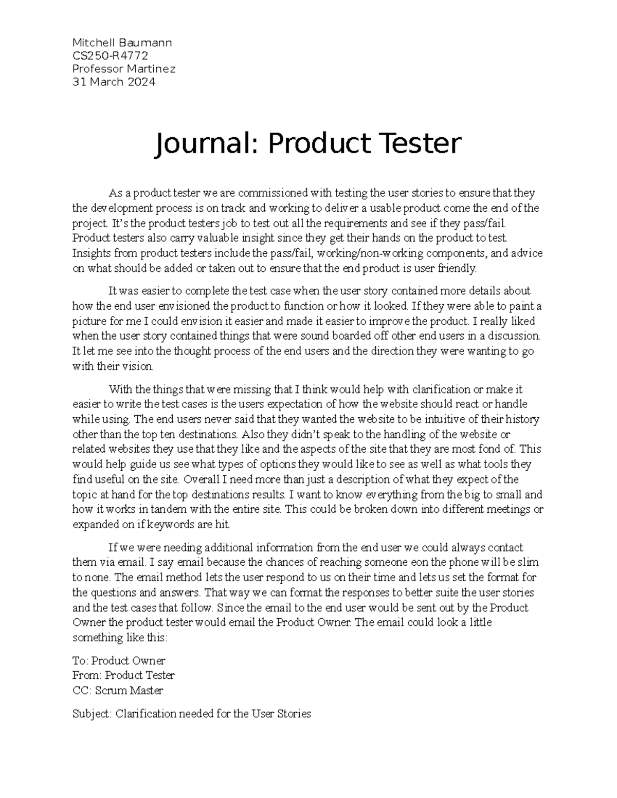 CS250 Journal Tester - Mitchell Baumann CS250-R Professor Martinez 31 ...