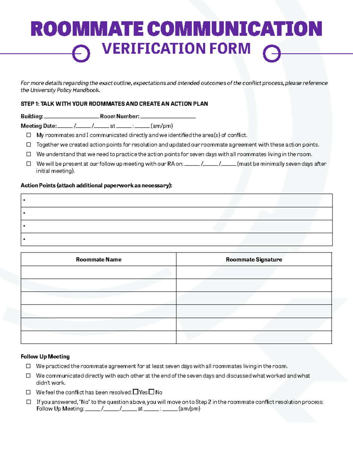 Roommate Communication Verification Form (Step 1, 2, 3) - ROOMMATE ...
