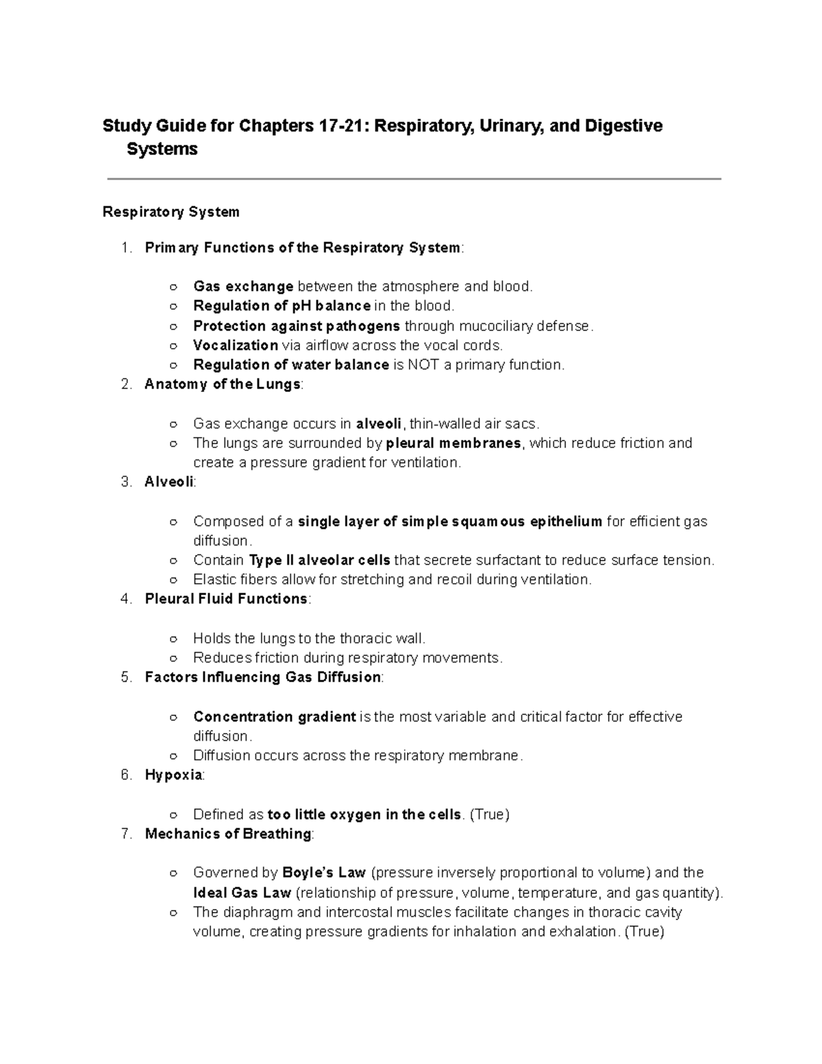 Study Guide for Chapters 17-21 Respiratory, Urinary, and Digestive ...