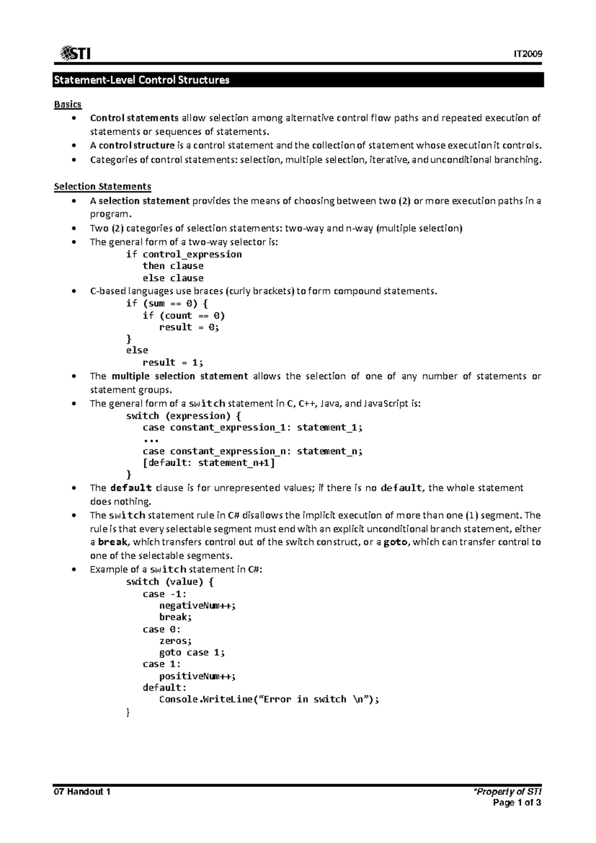 PL- Prefi-07 Handout 136 - IT 07 Handout 1 *Property of STI Page 1 of 3 Statement-Level Control ...