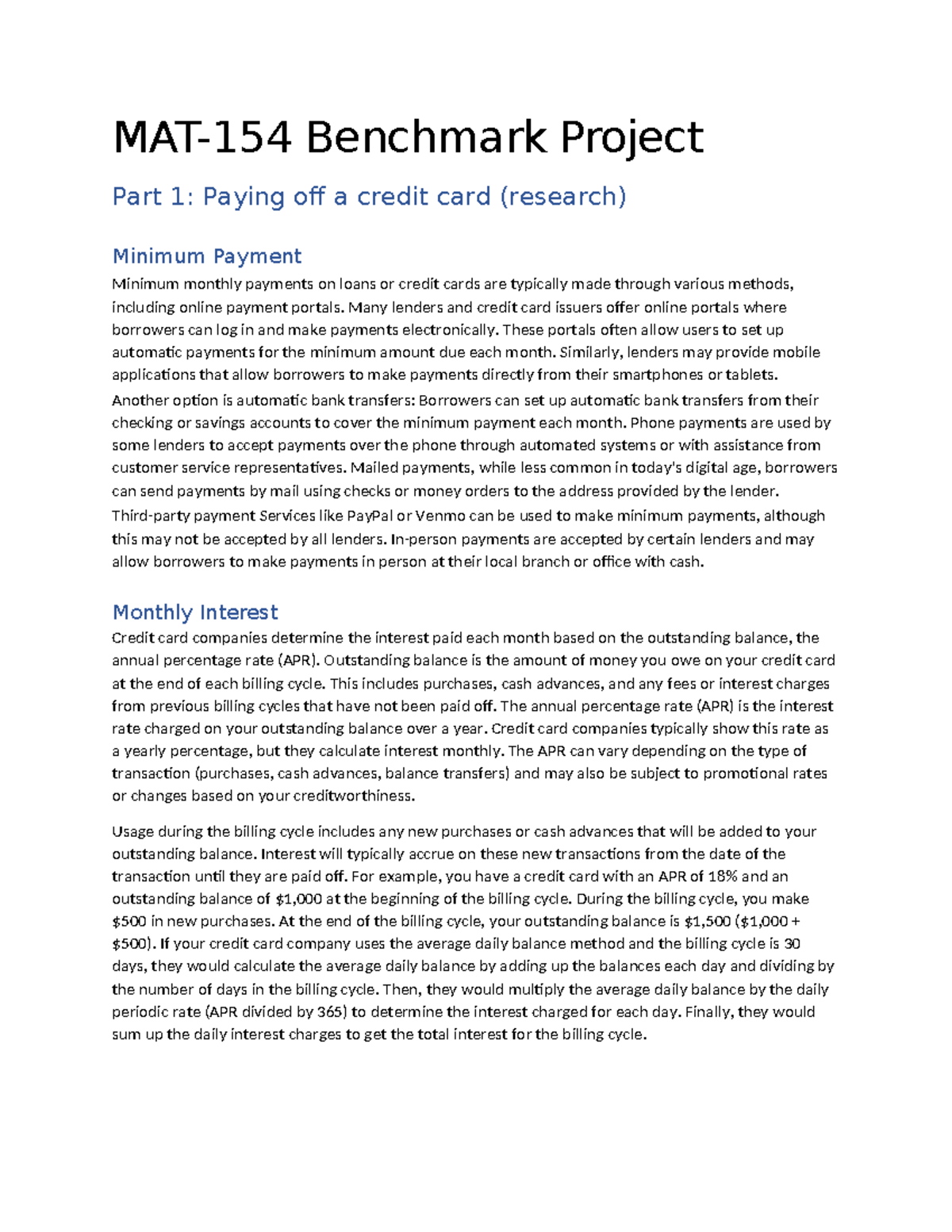 MAT-154-RS-Project - MAT-154 Benchmark Project Part 1: Paying off a ...