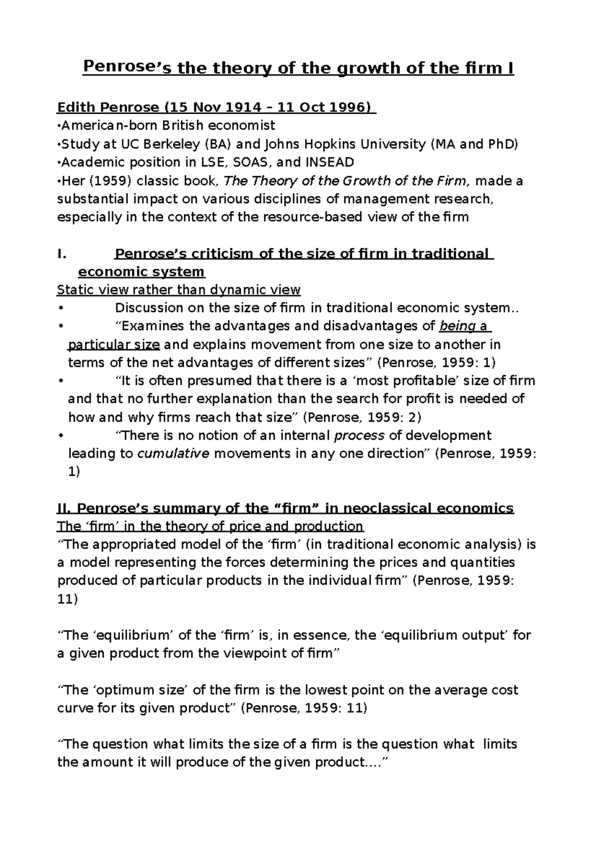 Penrose’s the theory of the growth of the firm I - Penrose’s criticism ...