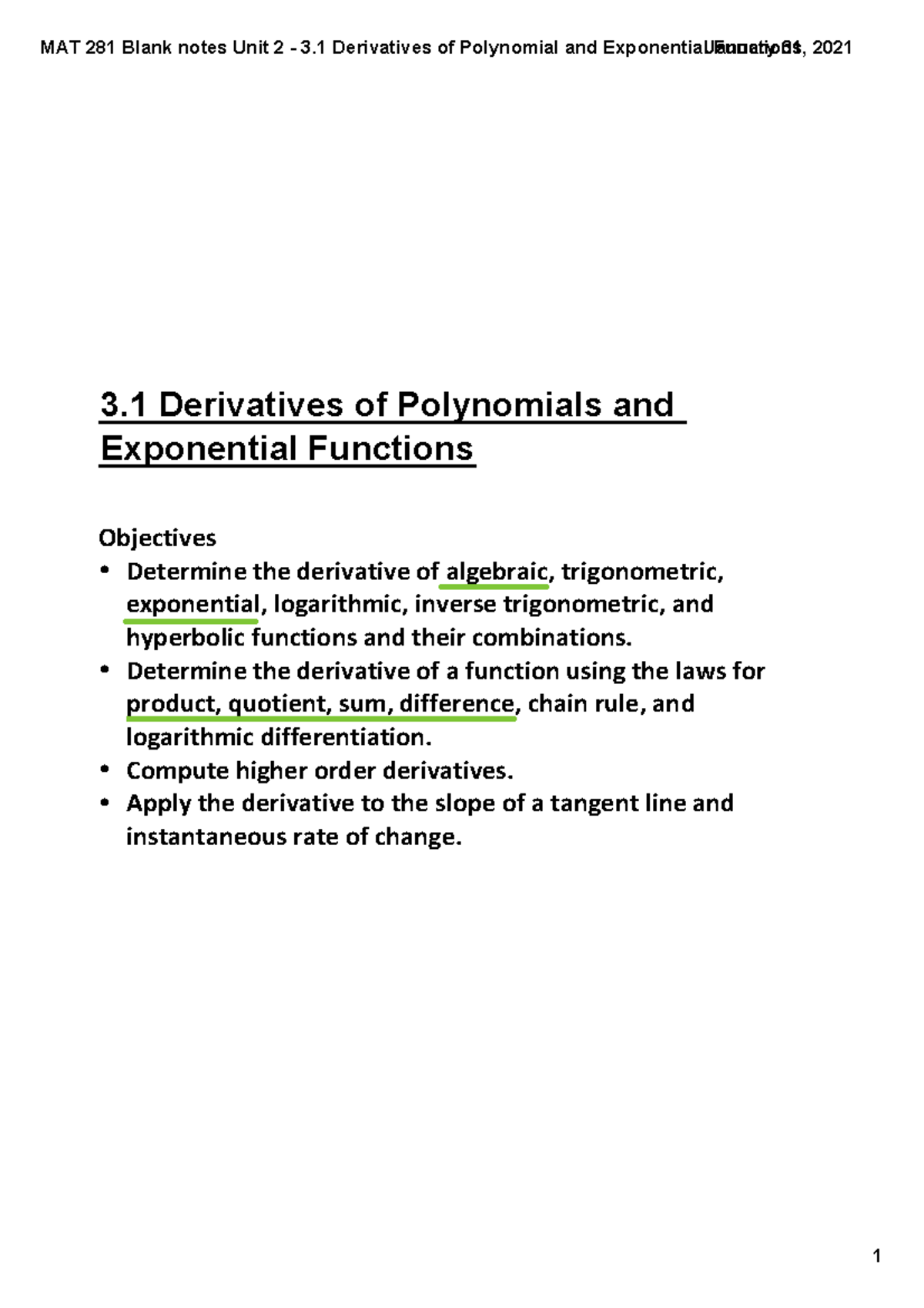3.1 Derivatives of Polynomial and Exponential Functions - - Studocu