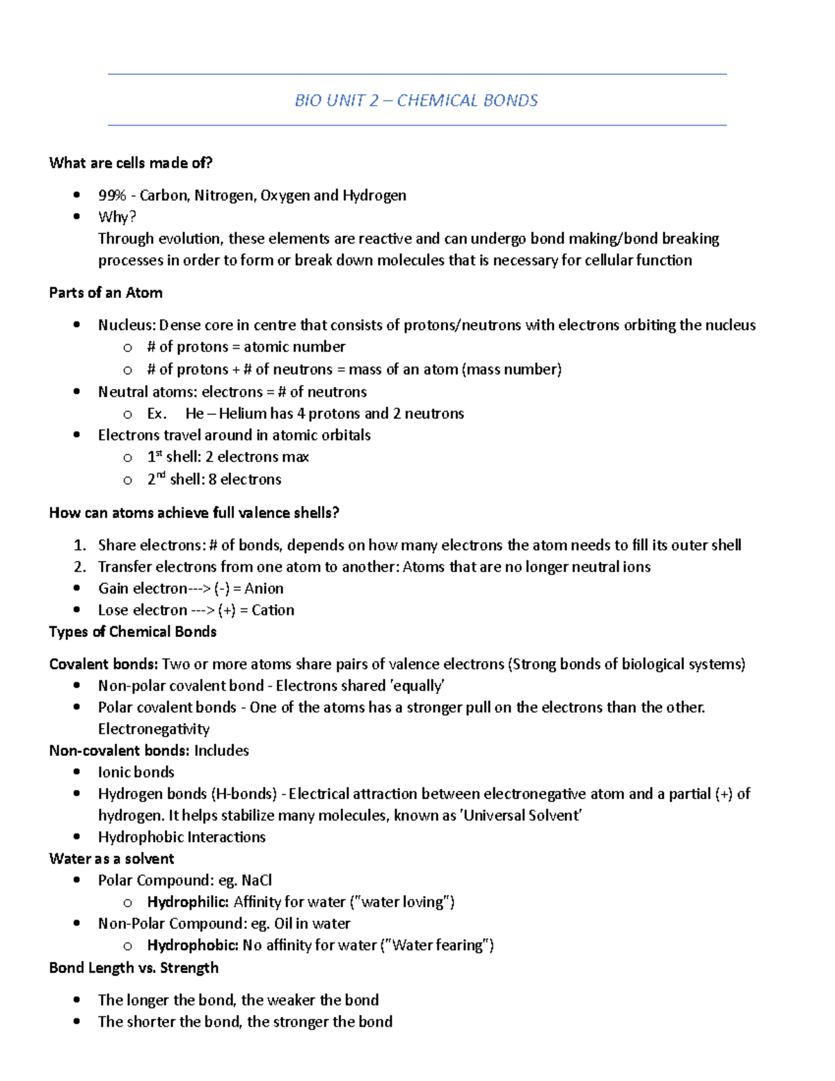 Bio Unit 2 - Lecture notes 2 - BIO UNIT 2 – CHEMICAL BONDS What are ...