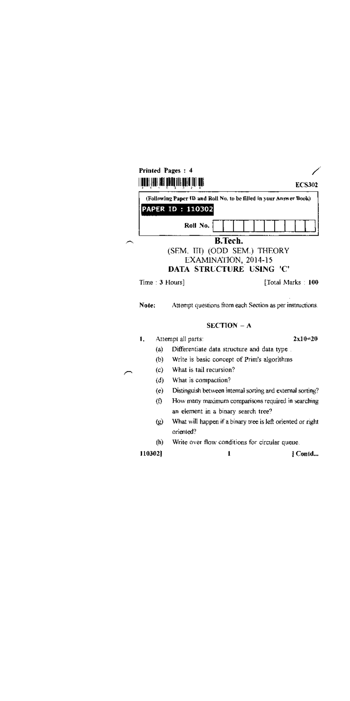 DS question paper 2014-15 - B.tech - Studocu