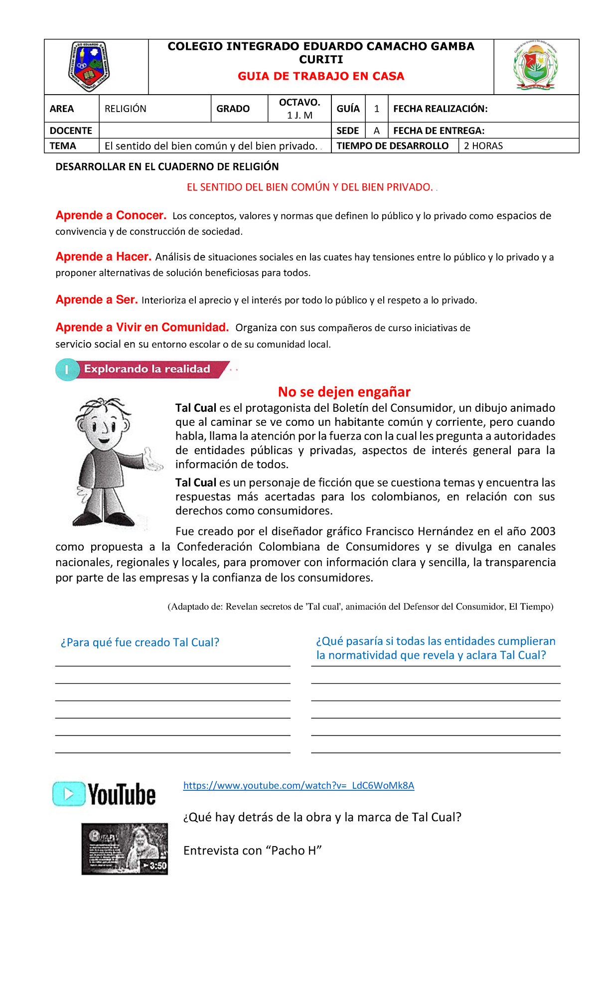 1. Octavo - Religión - Taller 1 - DESARROLLAR EN EL CUADERNO DE ...