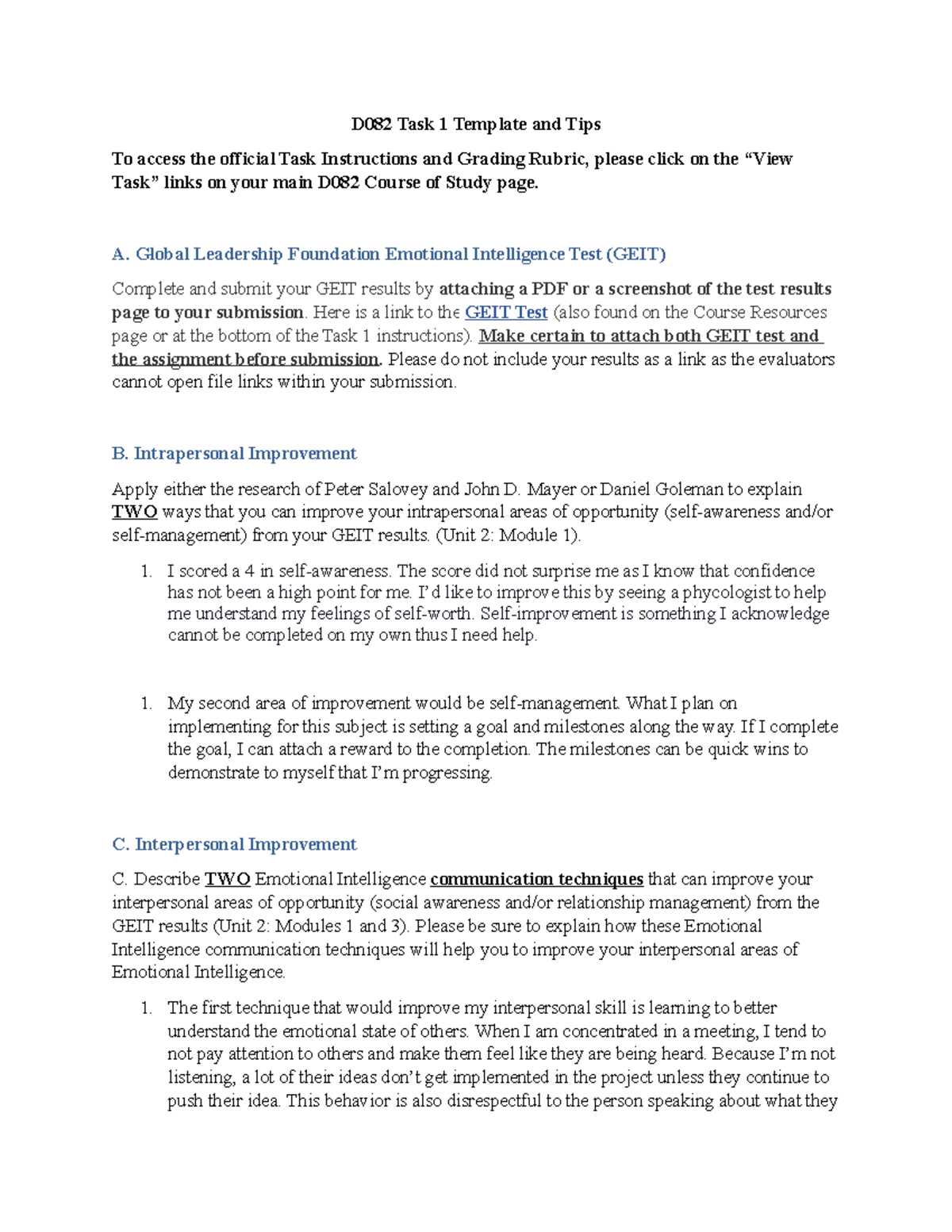 D082 Task 1 - Completed - Passed - D082 Task 1 Template and Tips To ...