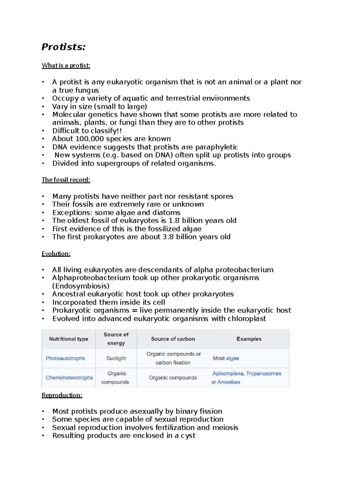 Protists Summary Of Notes Protists What Is A Protist A Protist Is Any Eukaryotic Organism 