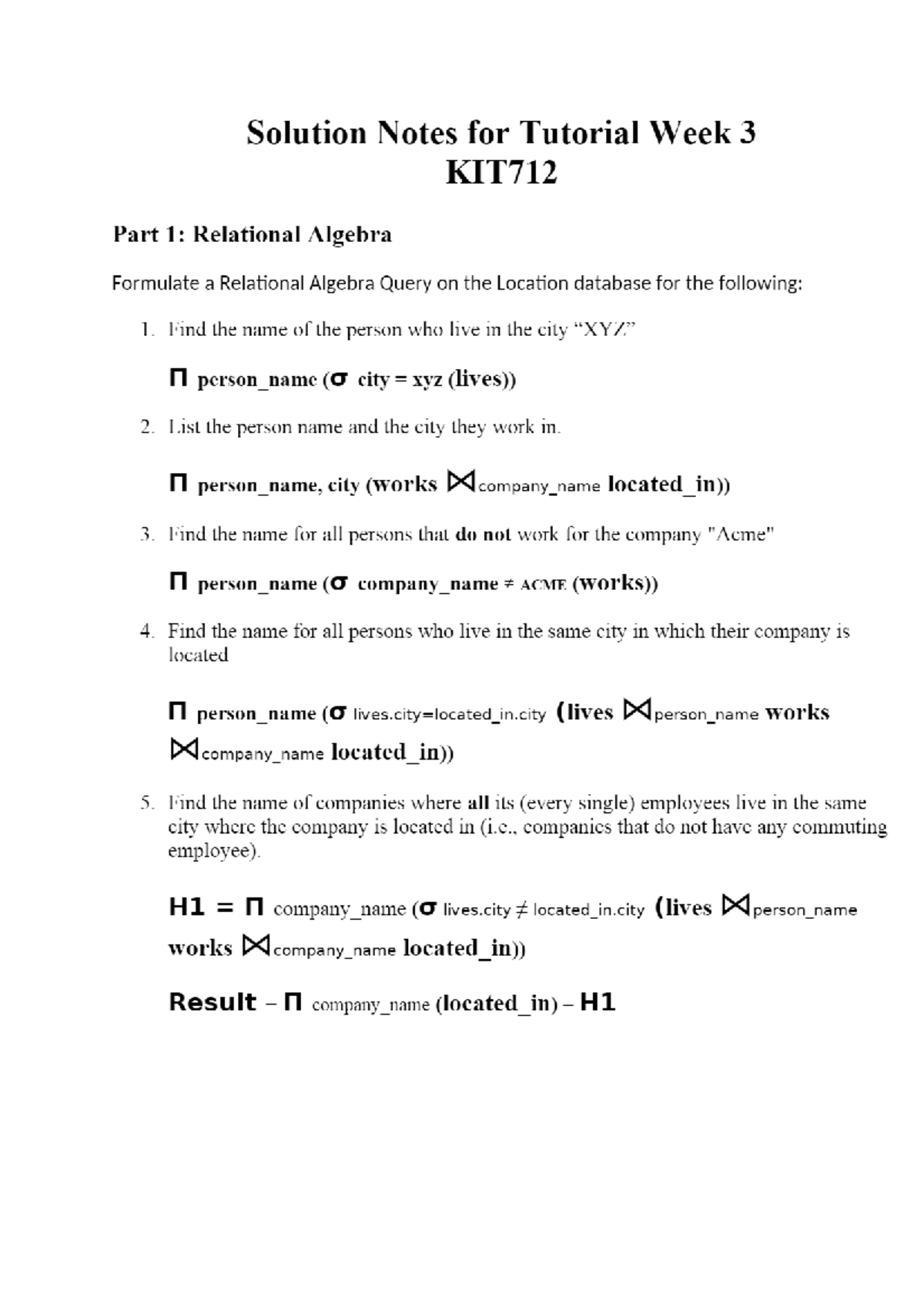 Tutorial Week 3 soln - KIT712 Data Management Technology - K7I - UTAS ...
