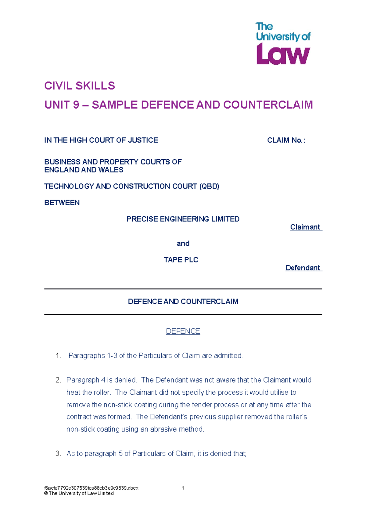 Precise Sample - CIVIL SKILLS UNIT 9 – SAMPLE DEFENCE AND COUNTERCLAIM ...
