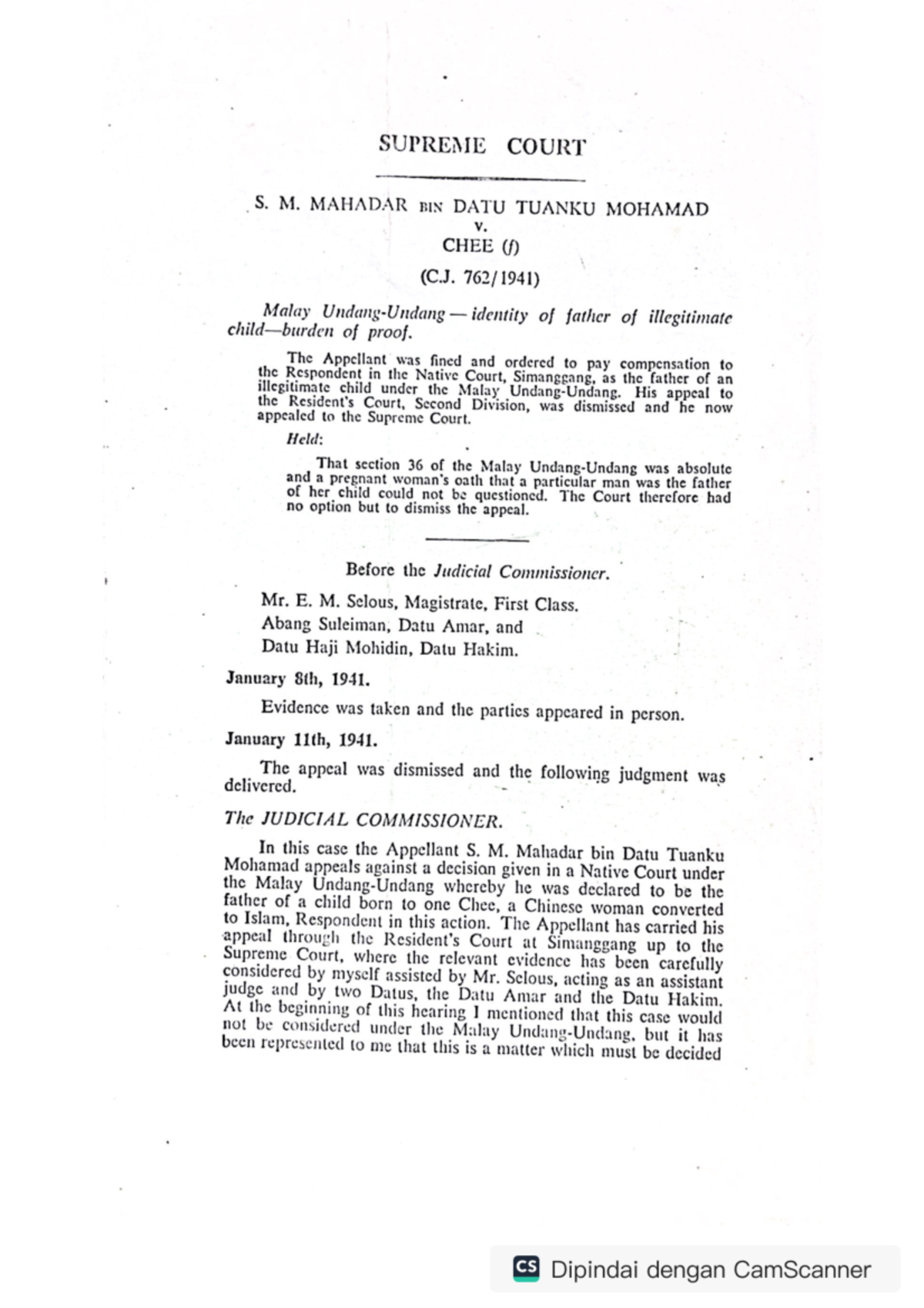 SM Mahadar bin Datu Tuanku Mohamad v Chee [1941] SCR 96 - Malaysian ...