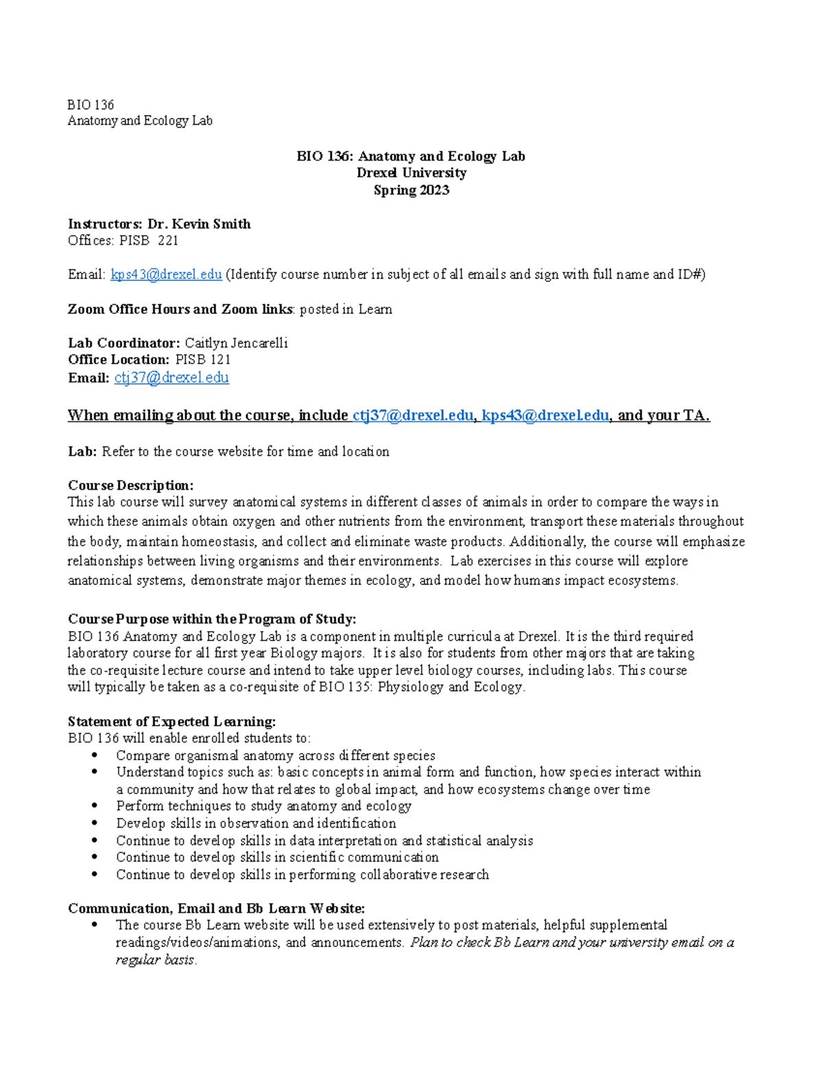 BIO 136 Anatomy and Ecology Lab Syllabus Sp23 - Anatomy and Ecology Lab ...