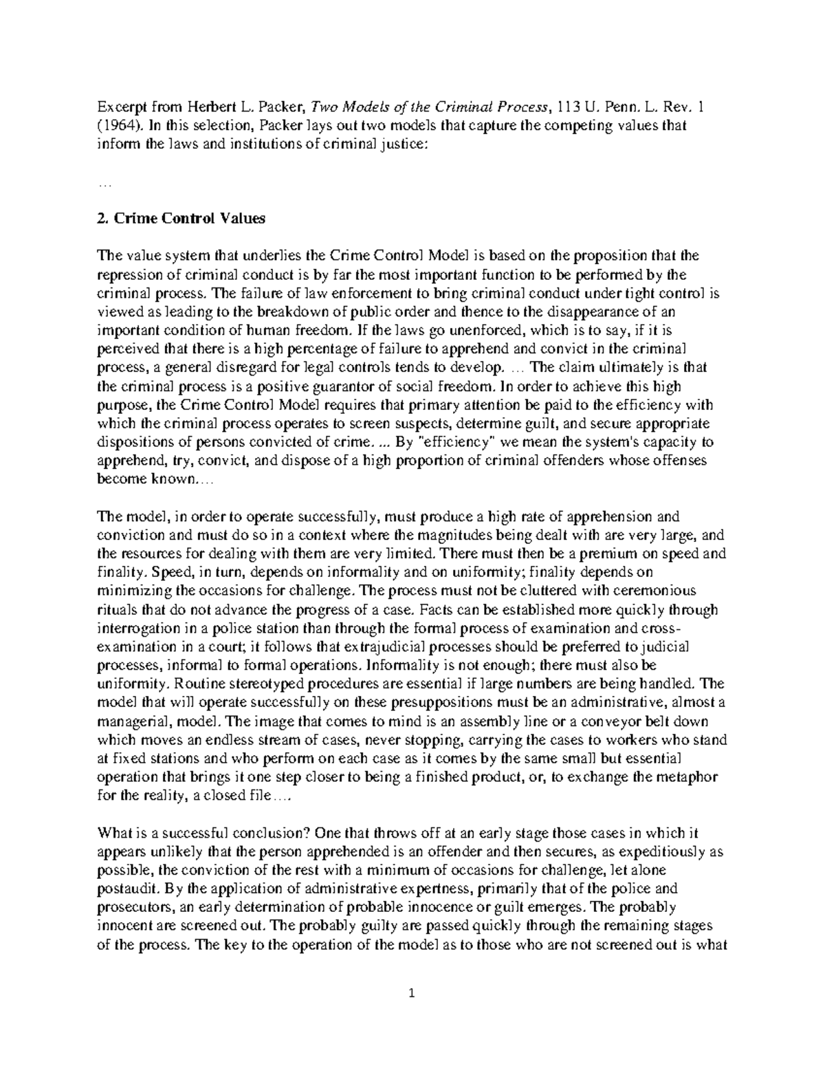 Packer Two Models of the Criminal Process - 1 Excerpt from Herbert L ...