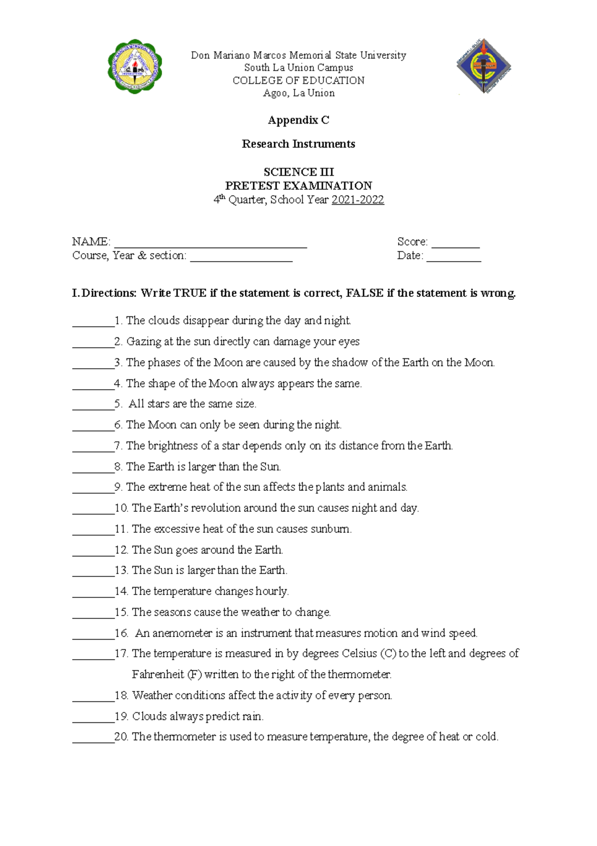 Pretest AND Posttest Earth AND Space (msiconceptions) Grade 3 - South ...