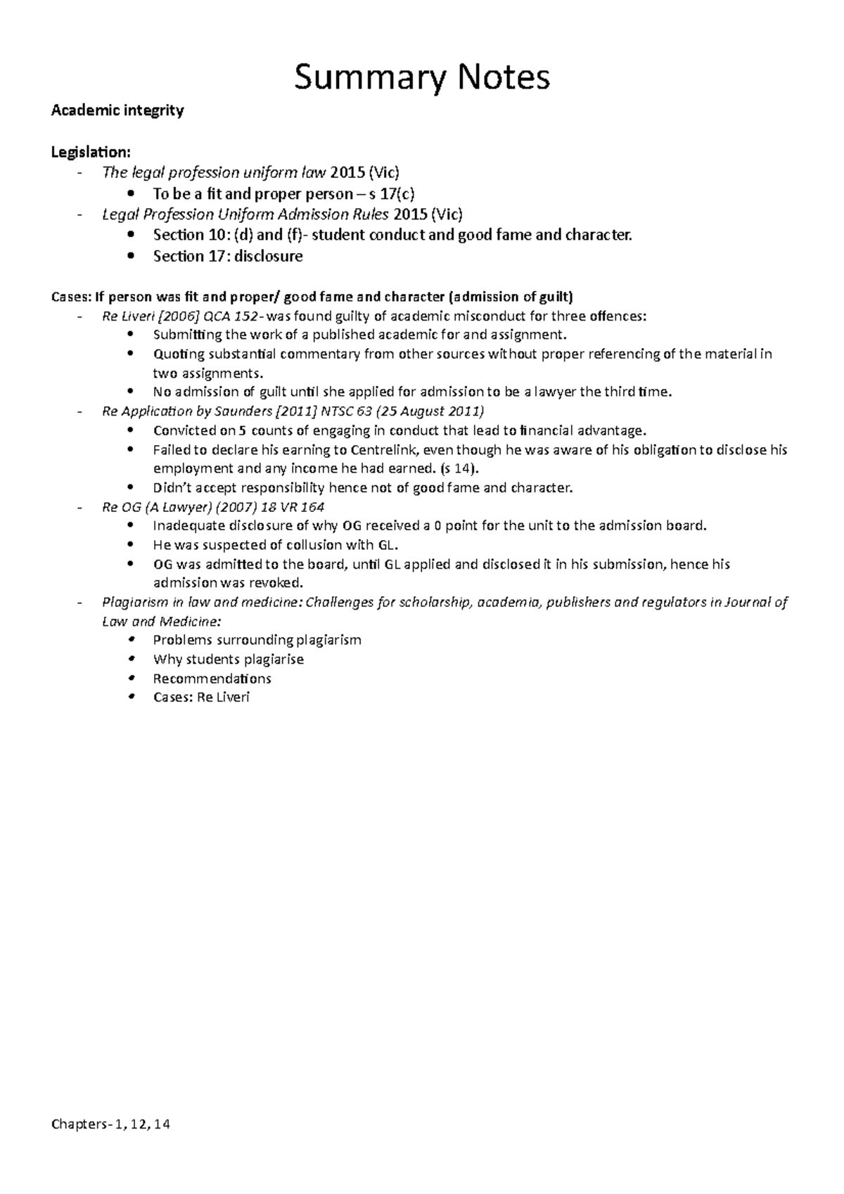 LPS Summary Notes - Summary Notes Academic integrity Legislation: The ...