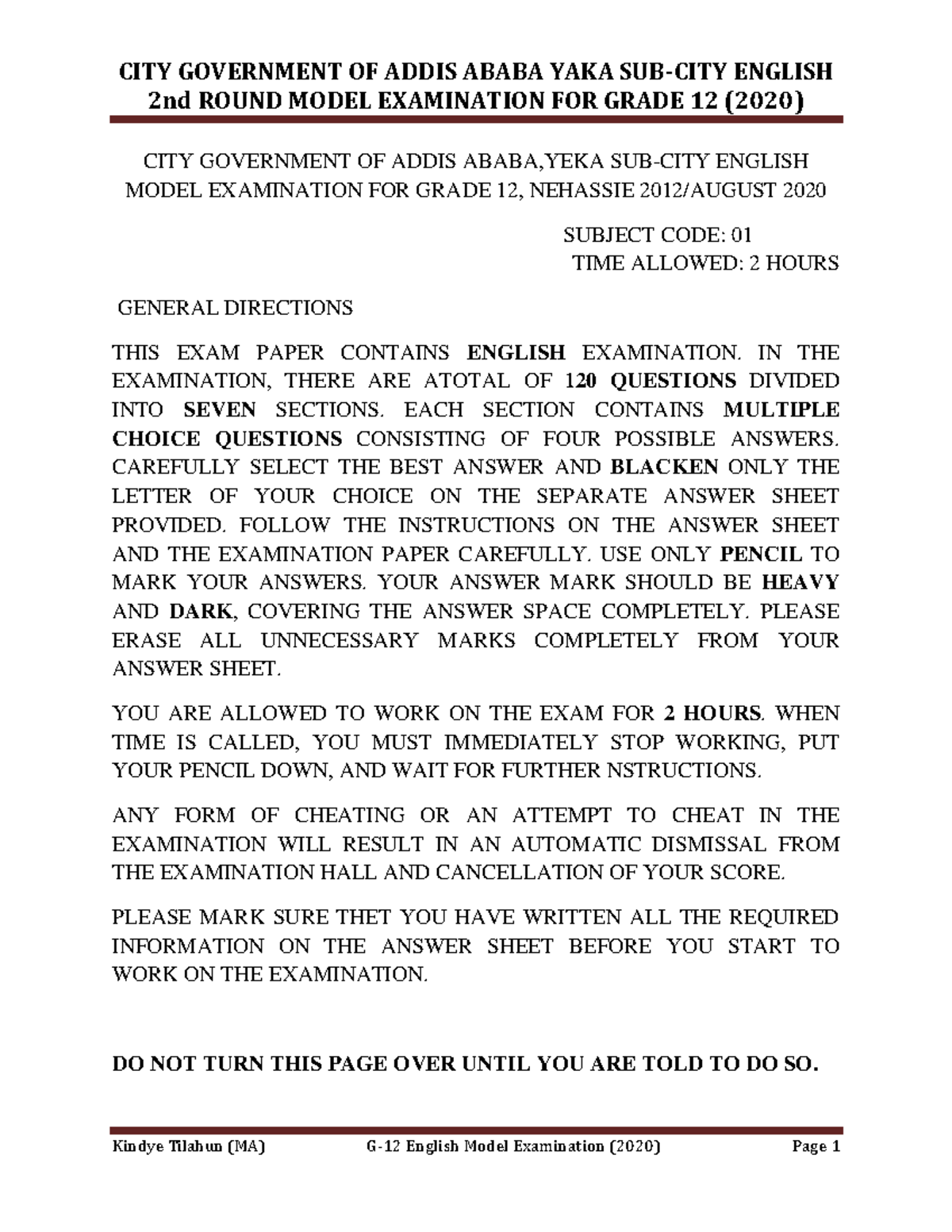 Grade 12 English model exam - 2nd ROUND MODEL EXAMINATION FOR GRADE 12 ...