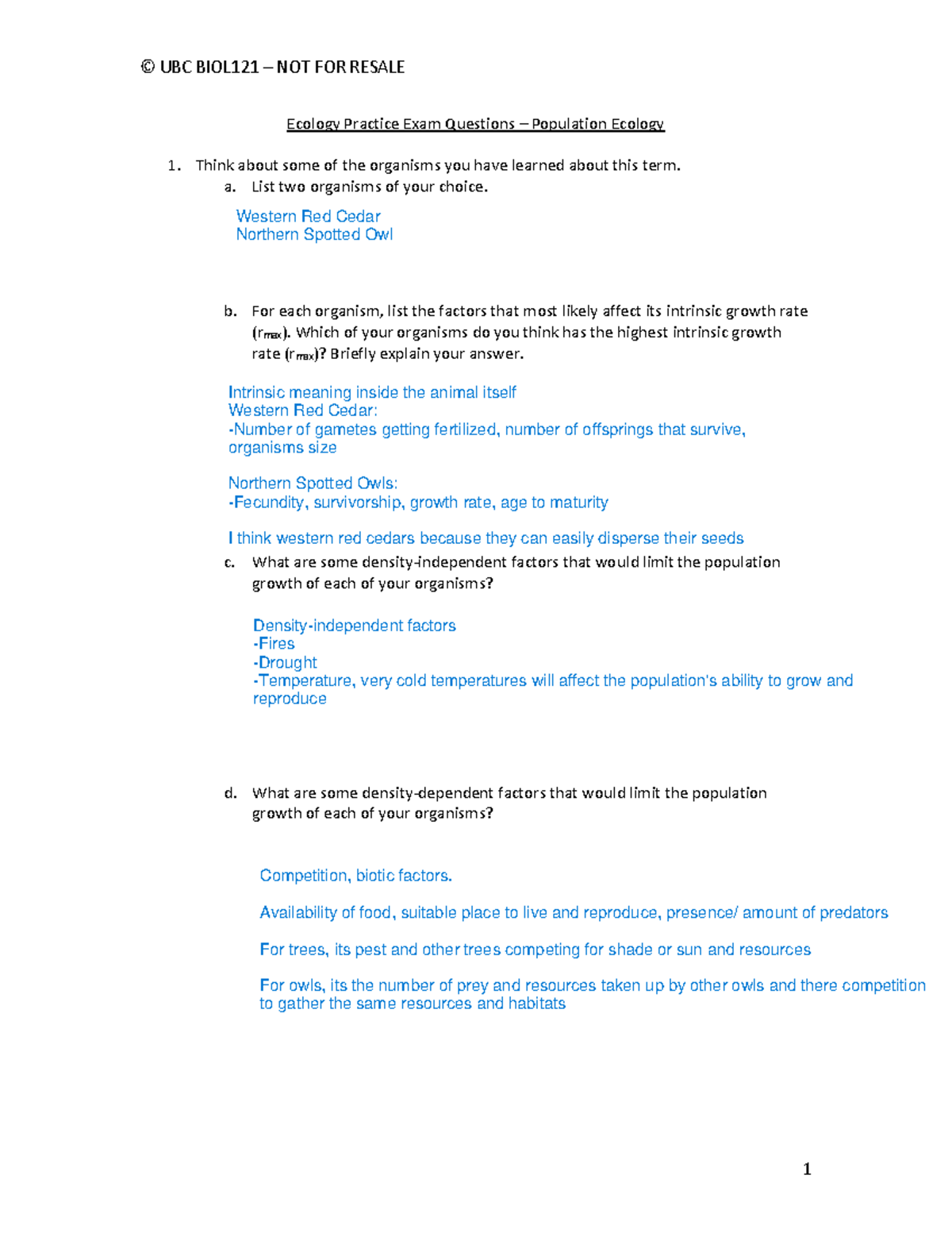 Ecology Practice Exam Questions - Population Ecology - a. List two ...