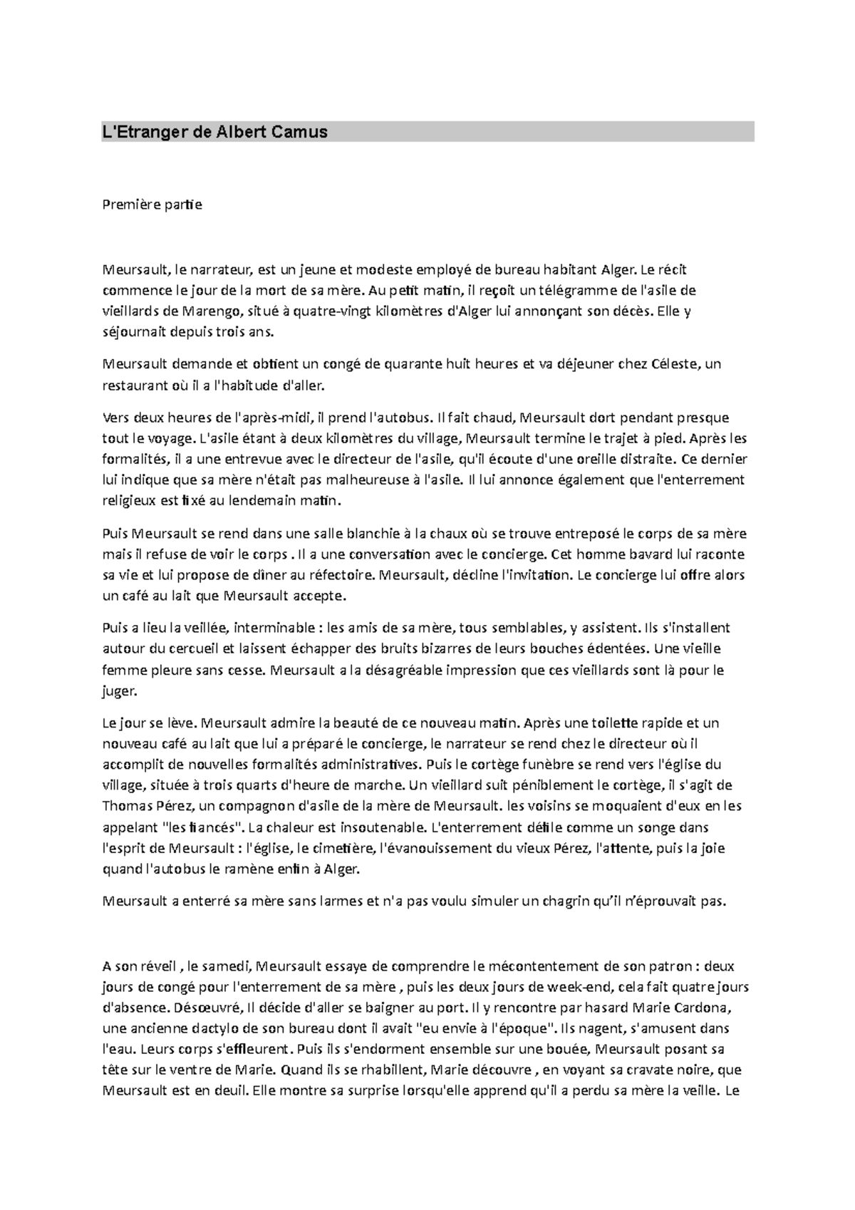 Letranger de albert camus - L'Etranger de Albert Camus Première partie ...