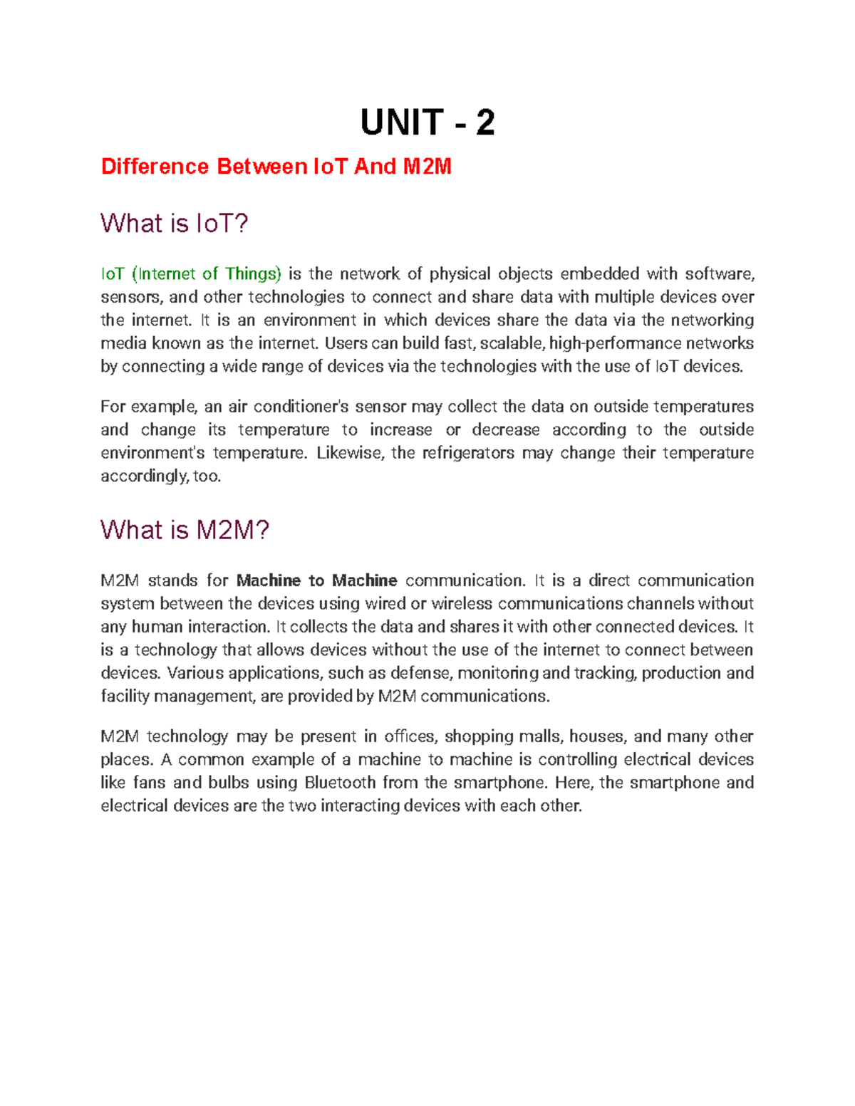 FIOT - U2 - Helpful for examinations. - UNIT - 2 Difference Between IoT And M2M What is IoT ...