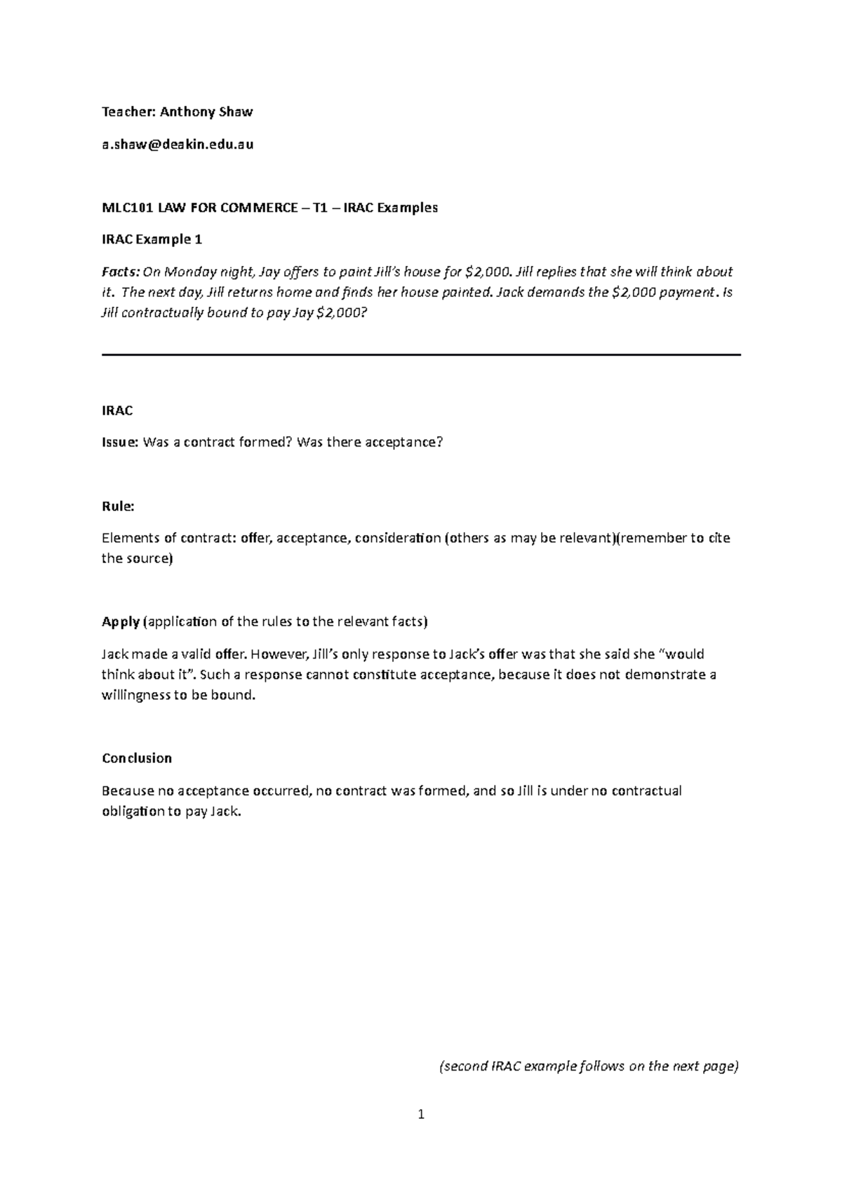 Use IRAC to the list of Examples for law of commerce MLC101 - MLC101 ...