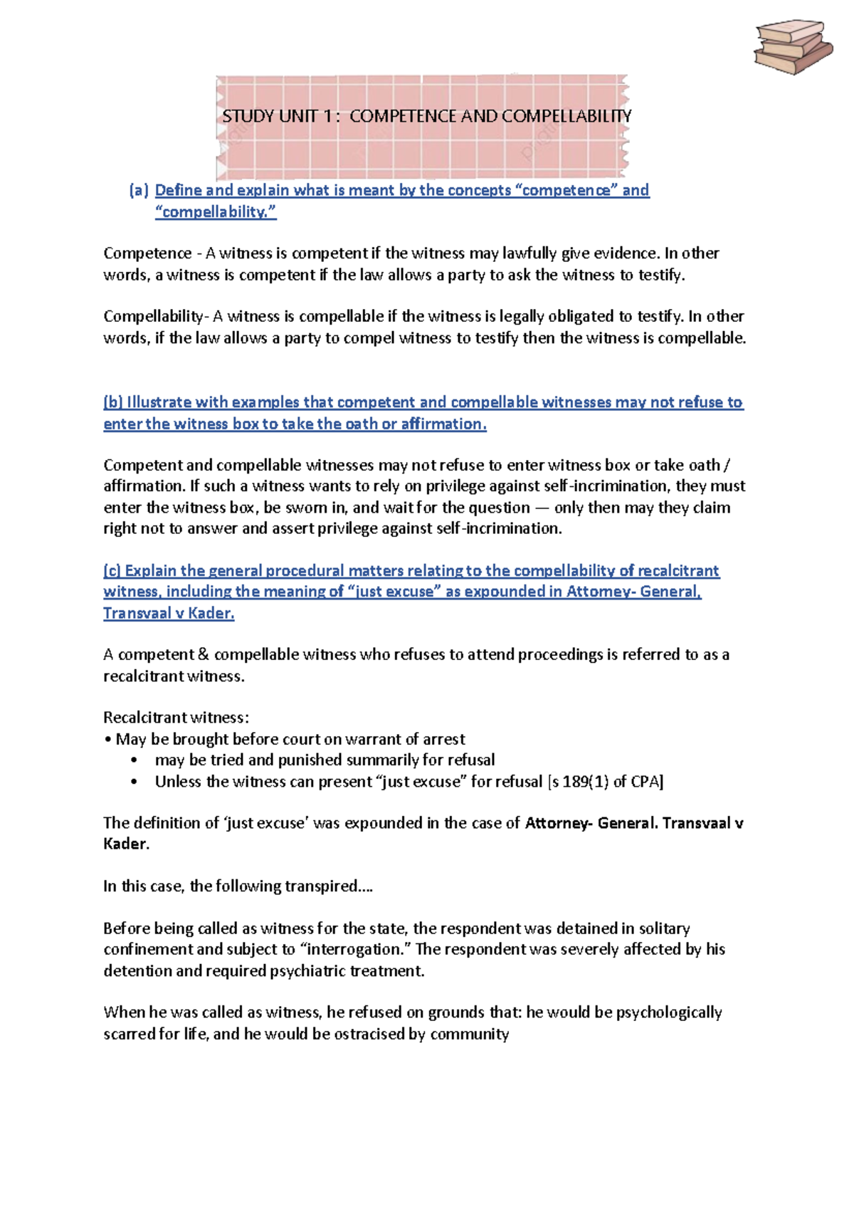 BWR Study UNIT 1 - STUDY UNIT 1 : COMPETENCE AND COMPELLABILITY (a ...