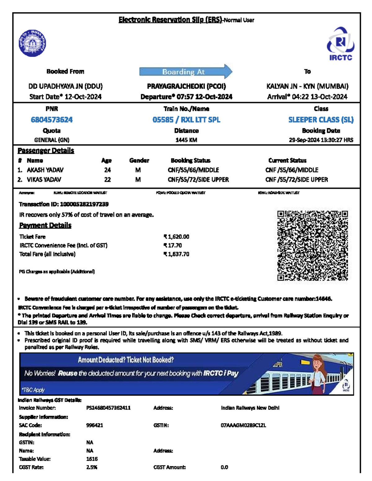 Vikas an Akash new - Test - Electronic Reservation Slip User INDIAN R ...