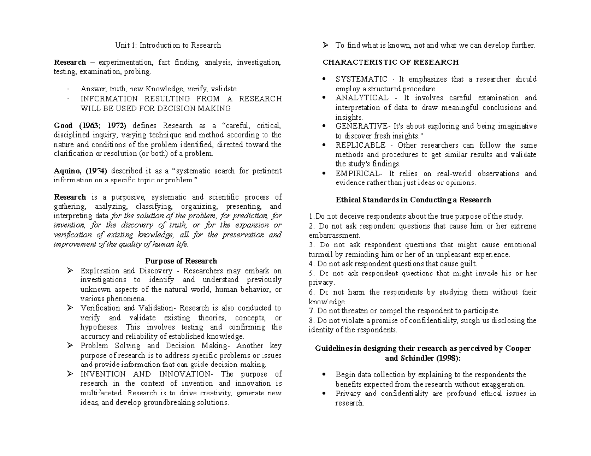 R Esearch Midterm Reviewer 1 - Unit 1: Introduction to Research ...