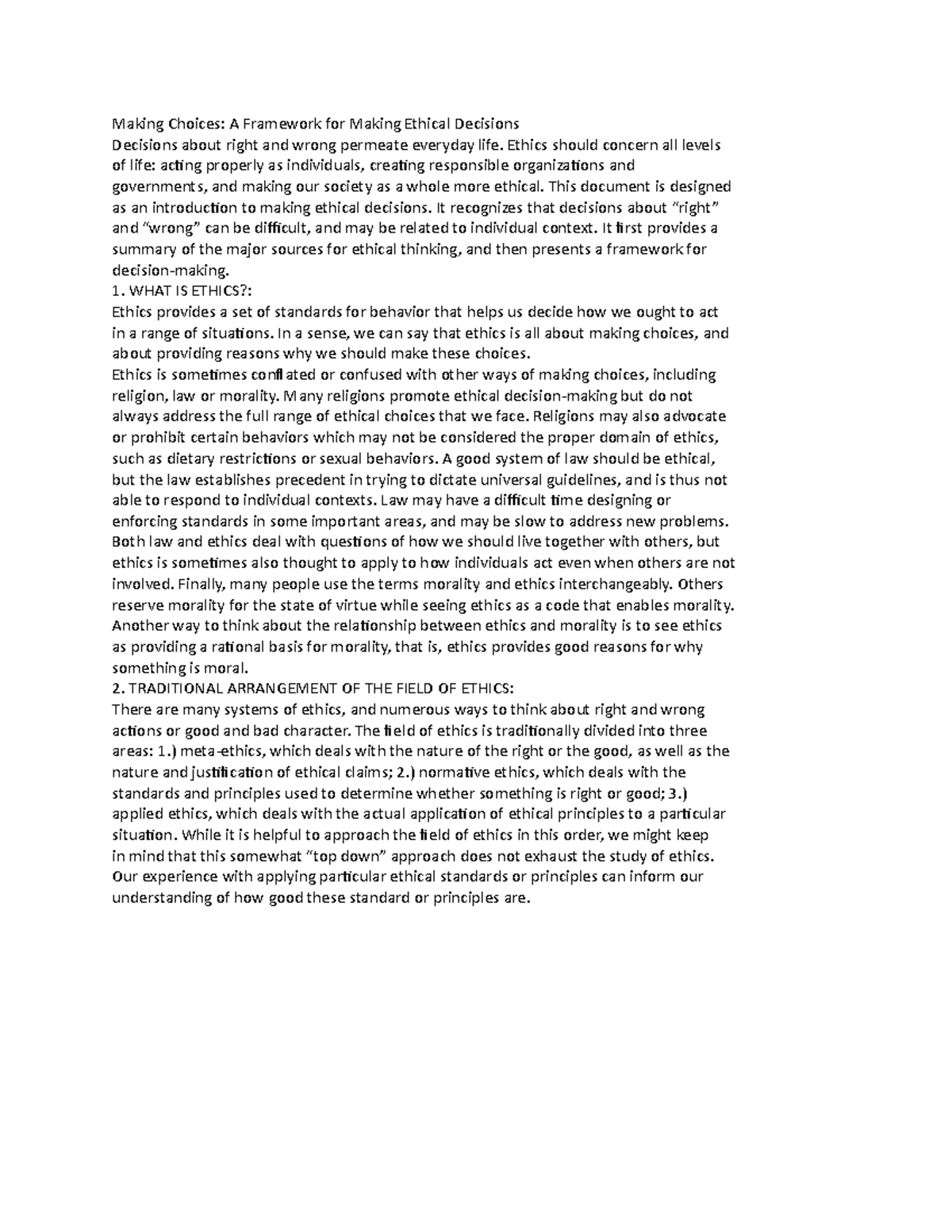 Making Choices: Ethical Decision Making - Making Choices: A Framework ...