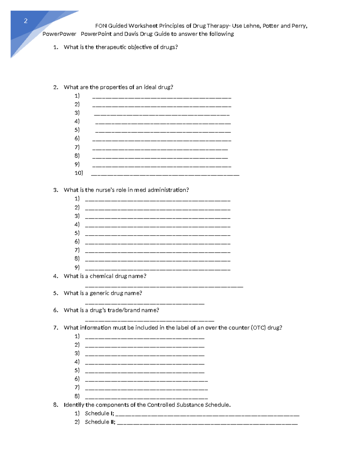 Student Guided Worksheet Pharm 1 Drug Therapy - 2 FON Guided Worksheet ...
