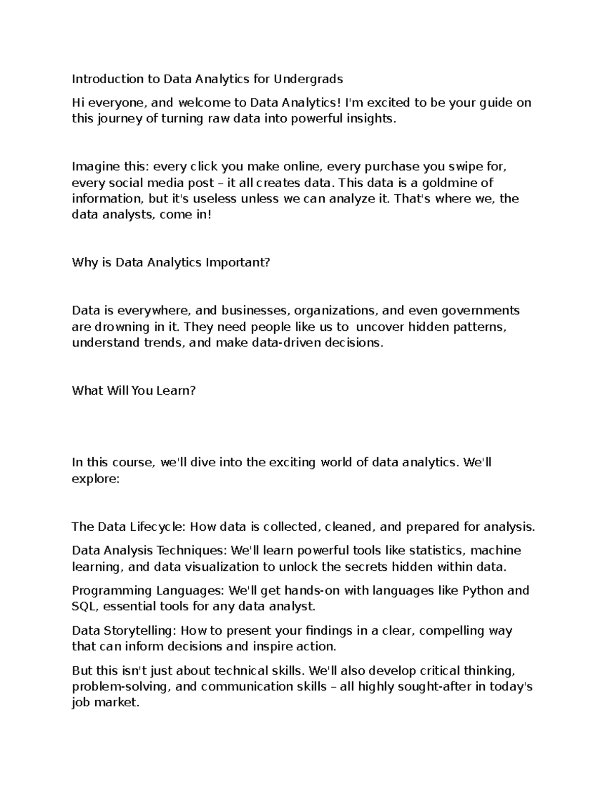 Introduction to Data Analytics - Imagine this: every click you make ...