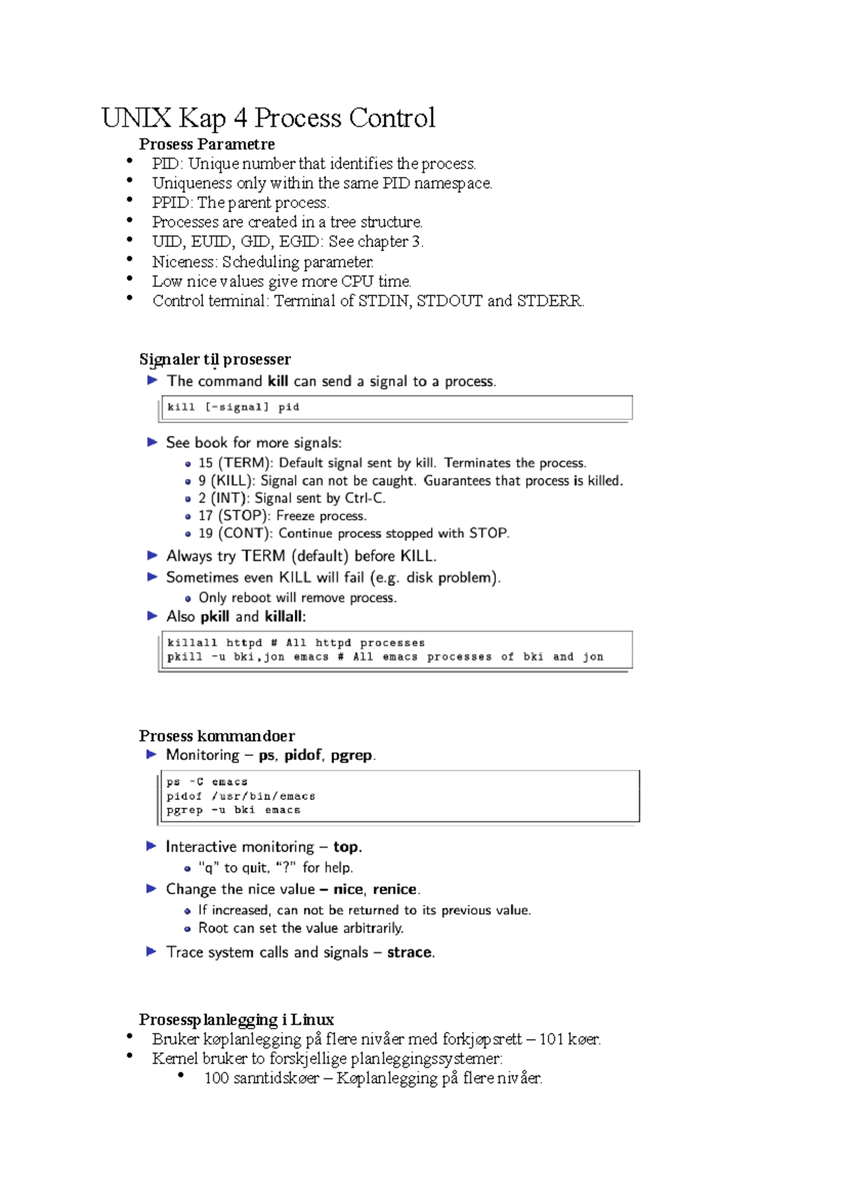 Kap 4 Process Control - Forelesningsnotater Kap 4 - Drift Av Unix Og ...