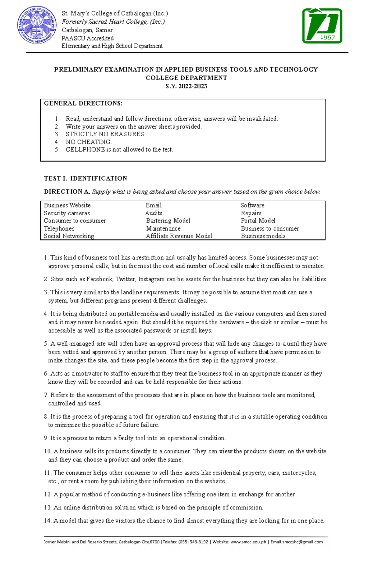 Prelim EXAM - Review - PRELIMINARY EXAMINATION IN APPLIED BUSINESS ...