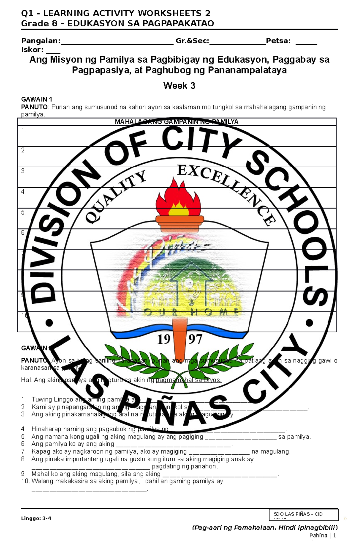Q1 G8 ESP LAW 2 - Activity Sheet - Grade 8 – EDUKASYON SA PAGPAPAKATAO ...