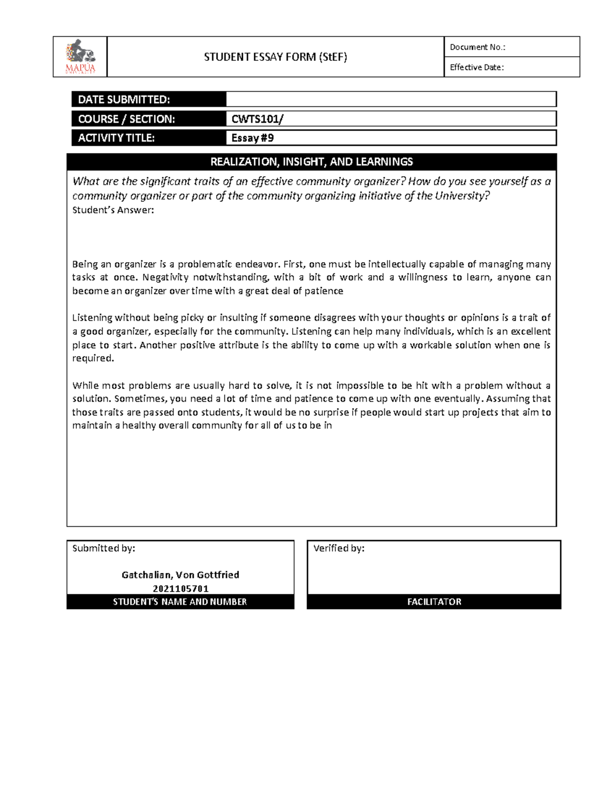 Form - CWTS101 Essay #9 VGatchalian - STUDENT ESSAY FORM (StEF ...